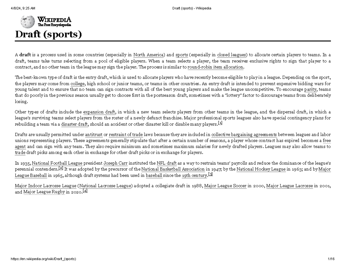 Draft (sports) - Wikipedia - Draft (sports) A draft is a process used ...
