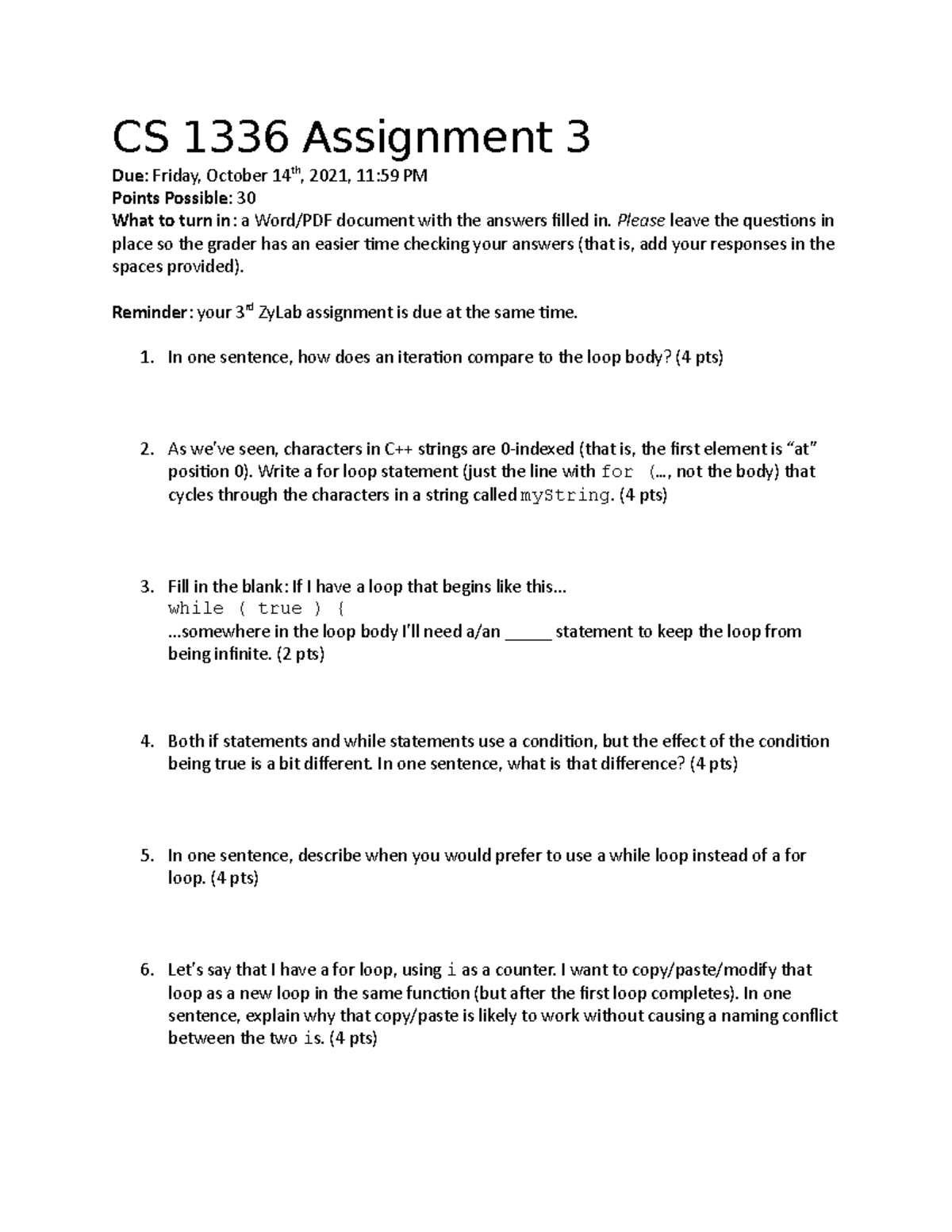 22F CS 1336 Assignment 3 - CS 1336 Assignment 3 Due: Friday, October 14th, 2021, 11:59 PM Points ...
