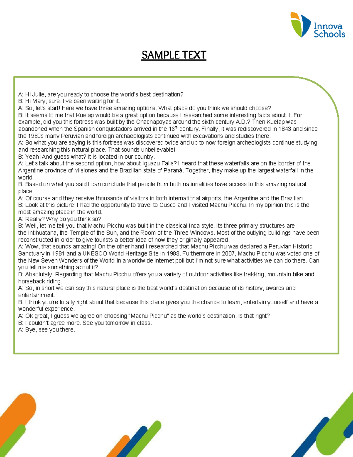 B1 - Activity 19 - Sample Worksheet - SAMPLE TEXT A: Hi Julie, are you ...
