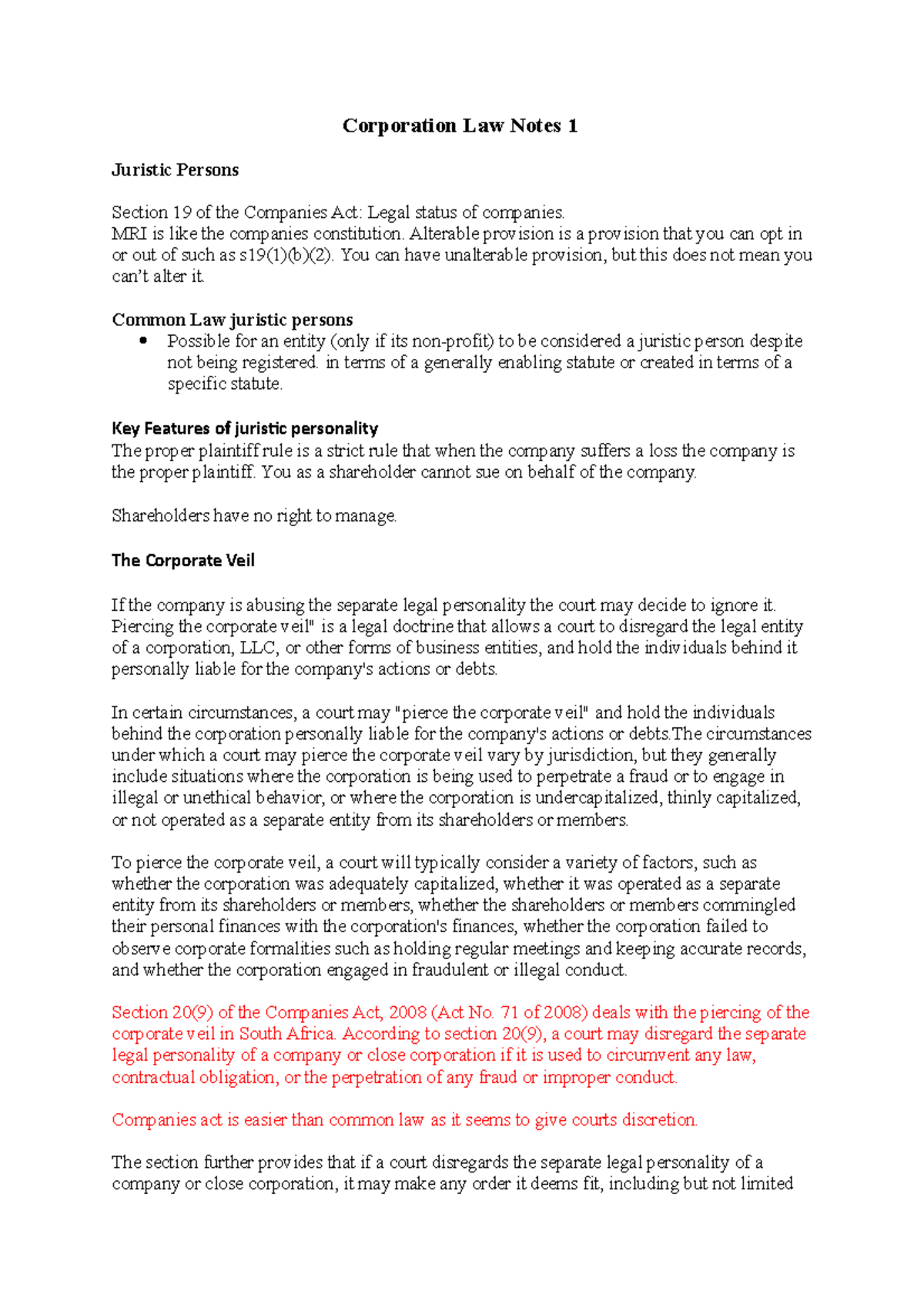 Corporation Law Notes 1 - MRI is like the companies constitution ...