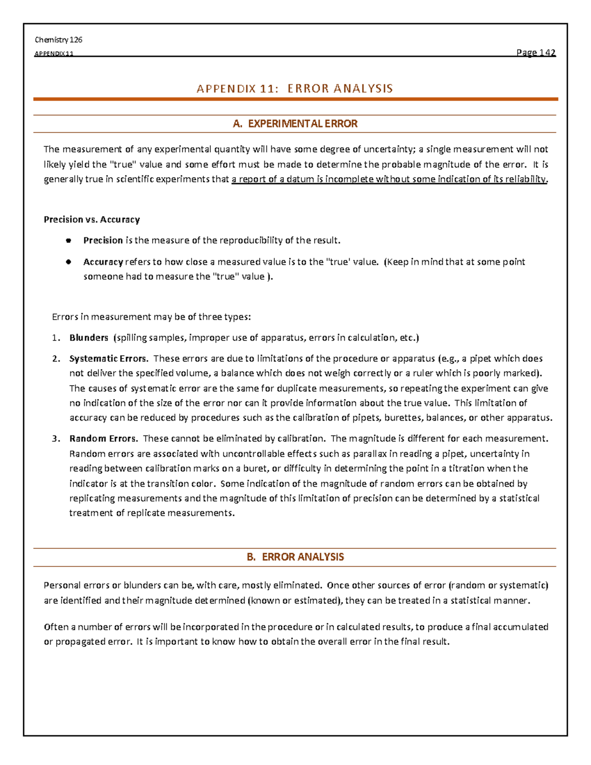 Appendix 11 - Error analysis - APPENDIX 11 Page 142 APPENDIX 11: ERROR ANALYSIS A. EXPERIMENTAL ...