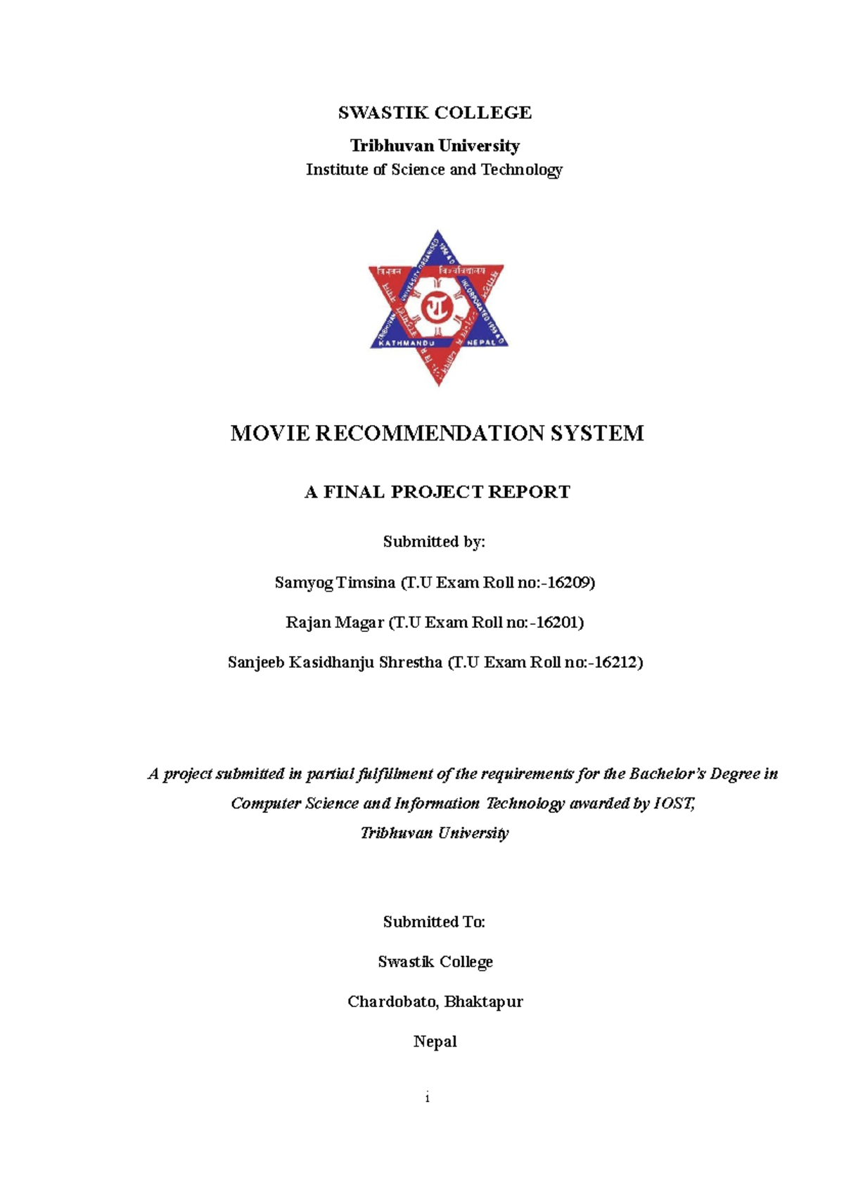 Movie Recommendation - project report - i SWASTIK COLLEGE Tribhuvan ...