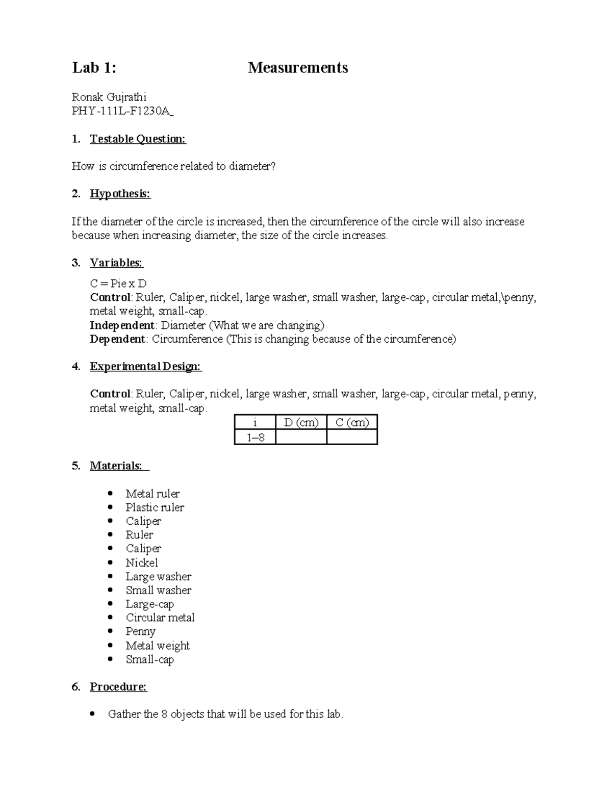 PHY111L Lab 1 Measurements - Lab 1: Measurements Ronak Gujrathi PHY ...
