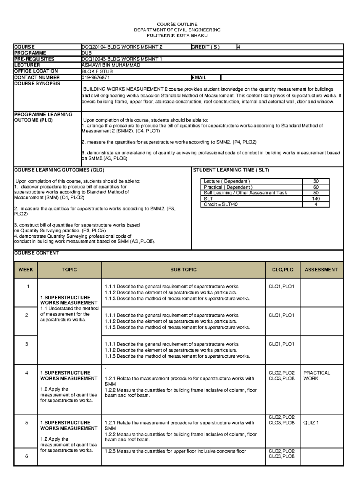 Course Outline DCQ2010 4 - COURSE OUTLINE DEPARTMENT OF CIVIL ...