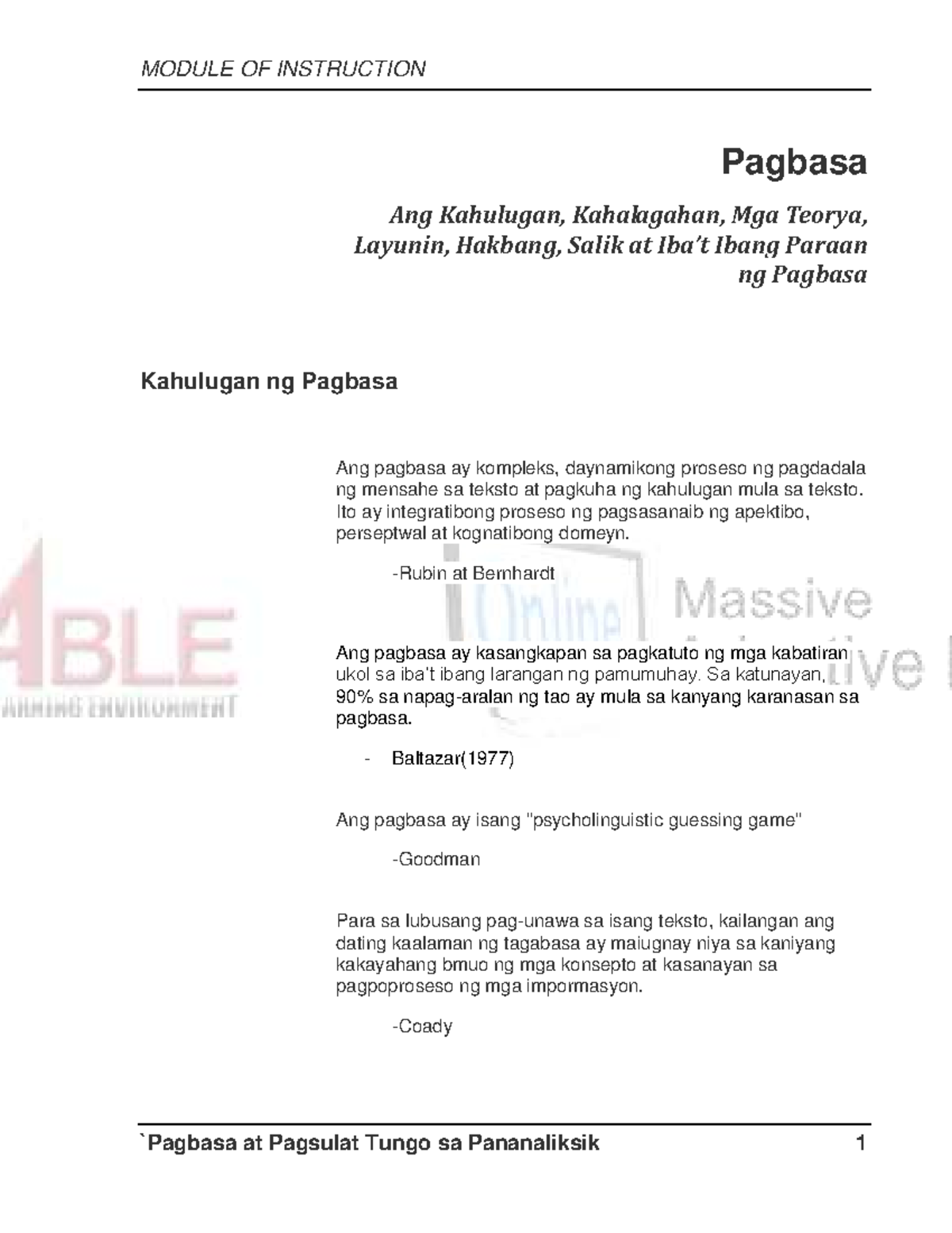 Module OF Instructionpagbasa Instruction - MODULE OF INSTRUCTION ...