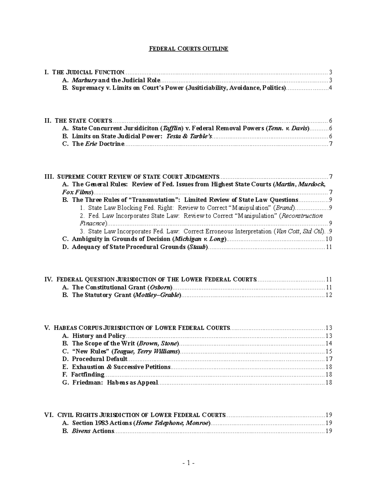 Federal Courts Outline - Friedman - Fall 2007 - F EDERAL COURTS OUTLINE ...