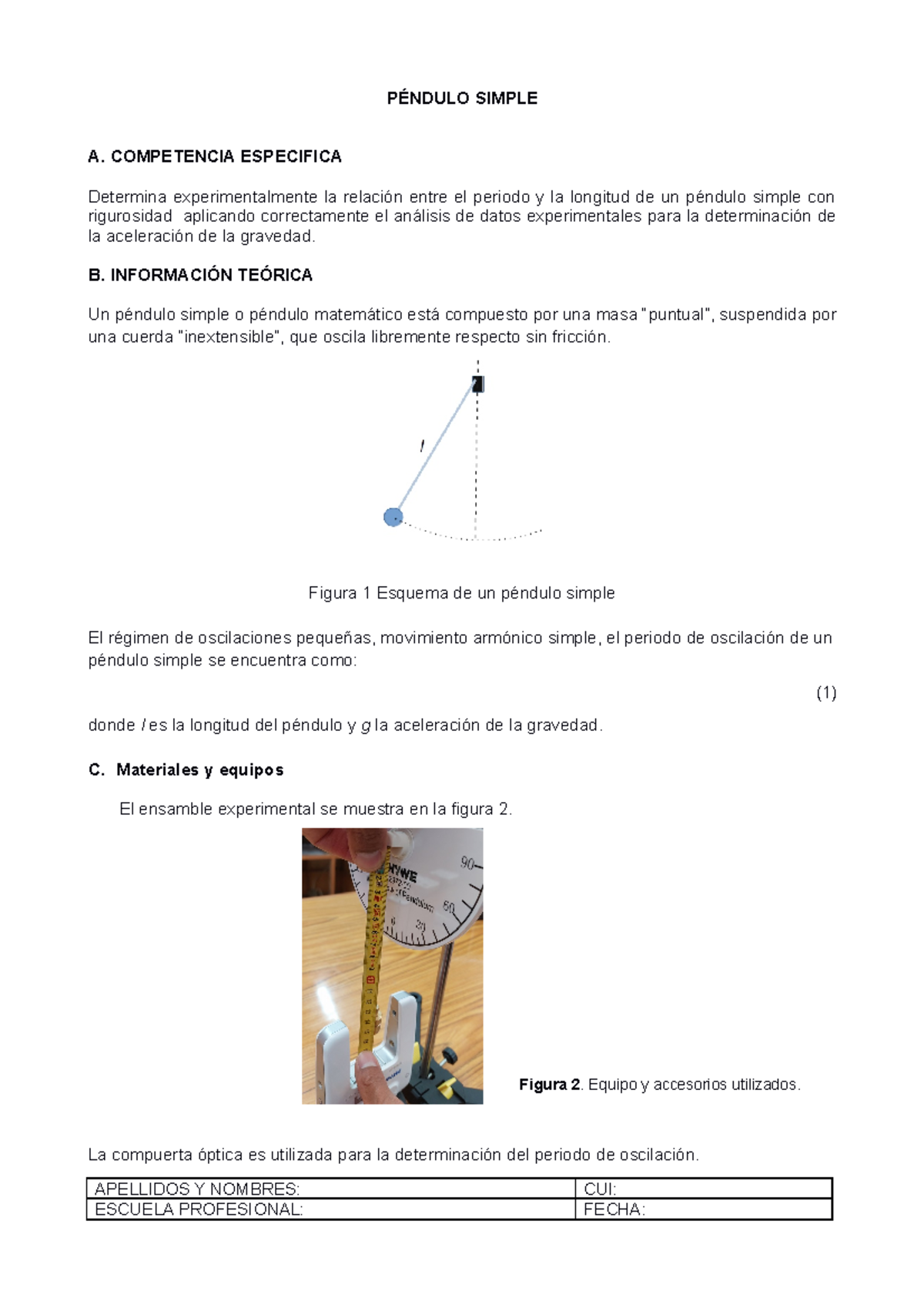 Guía de péndulo simple 2022 - PÉNDULO SIMPLE A. COMPETENCIA ESPECIFICA Determina ...