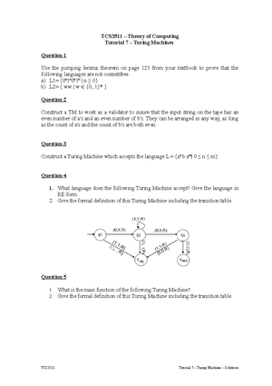 Tutorial 5 - TCS3511 Theory of Computing Tutorial 5 Pumping Lemma Pushdown Automata Question 1 ...