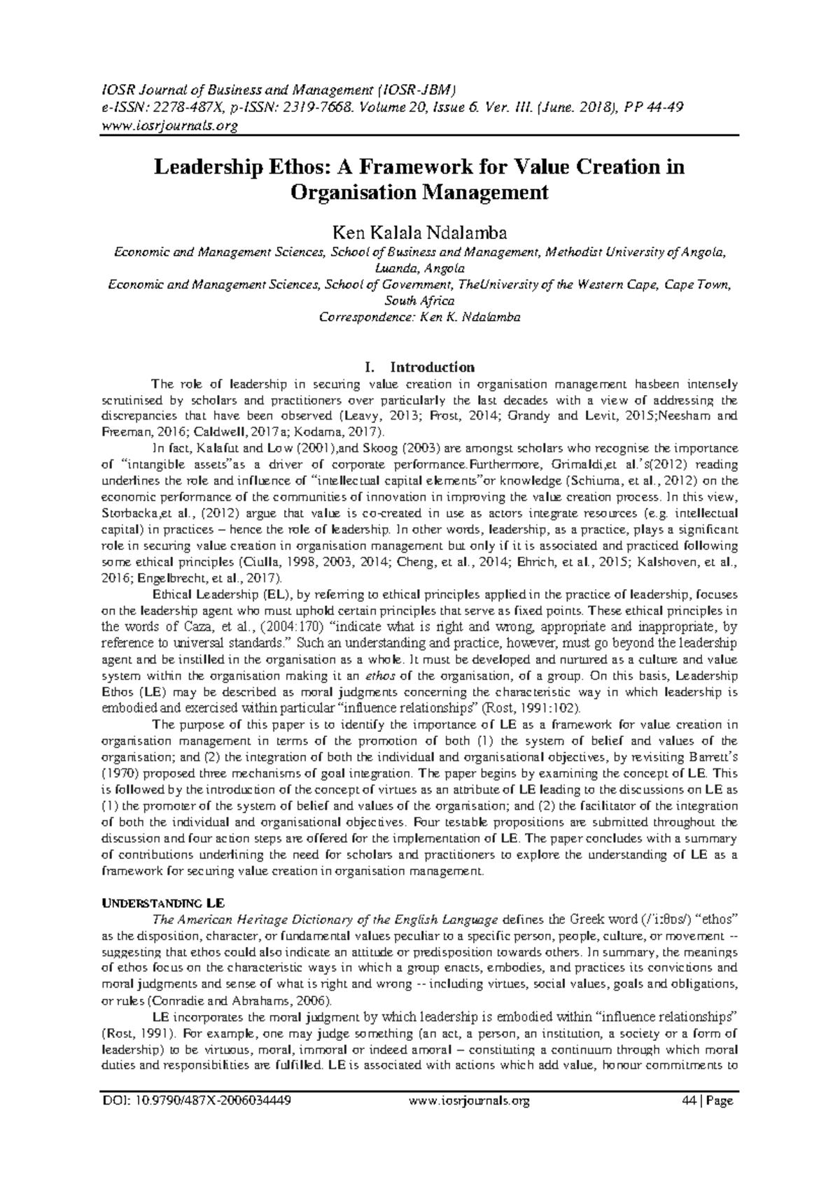 Leadership Ethos A Framework for Value C - IOSR Journal of Business and ...