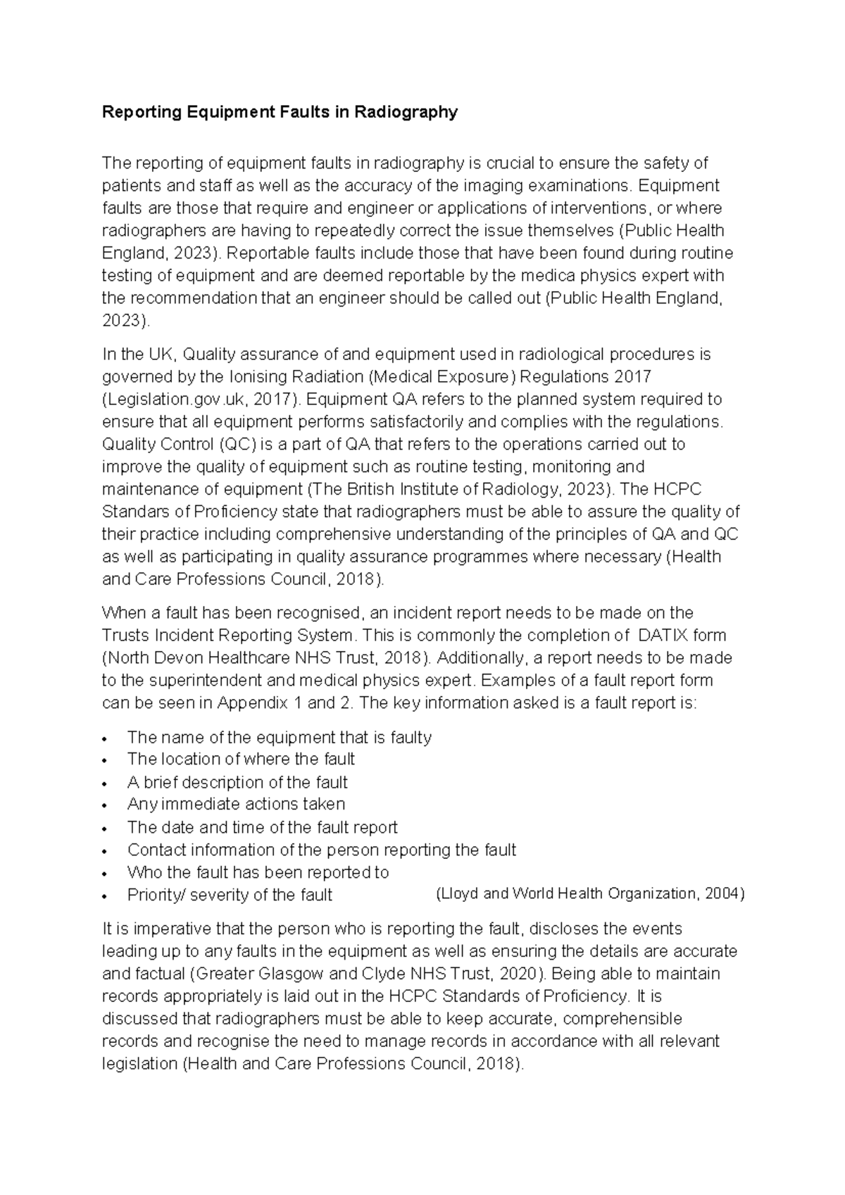 Equipment Fault Reporting - Reporting Equipment Faults in Radiography ...