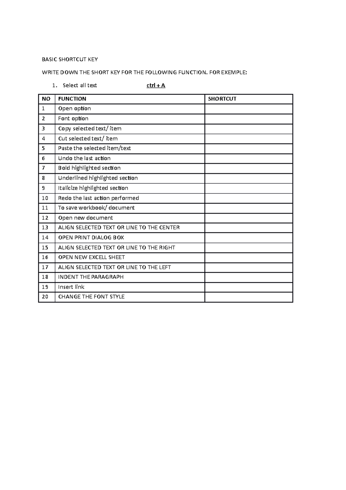 Shortcut Key Q Basic Shortcut Key Write Down The Short Key For The
