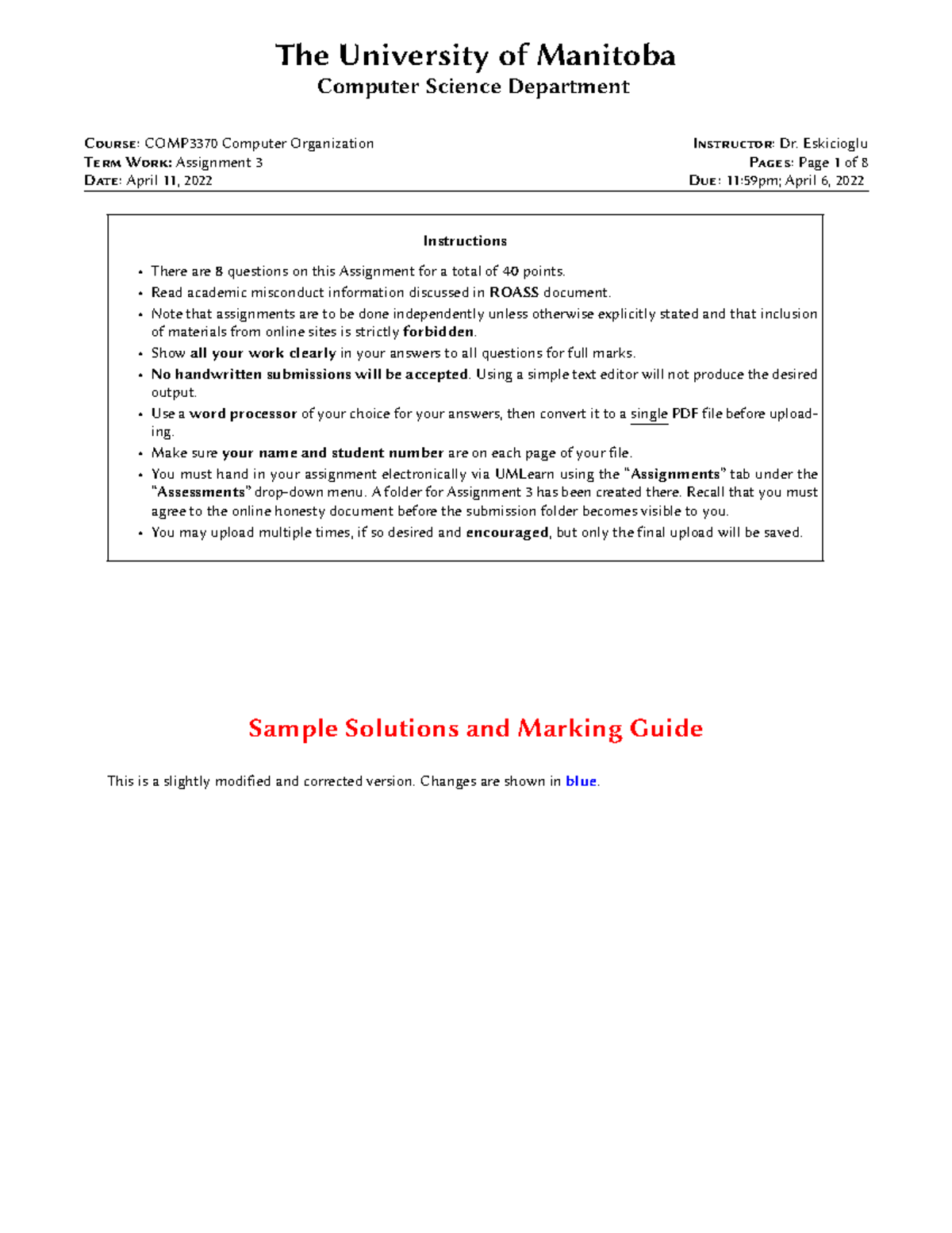 Assignment 3 - Revised Sample Solution - Course: COMP3370 Computer Organization Term Work ...