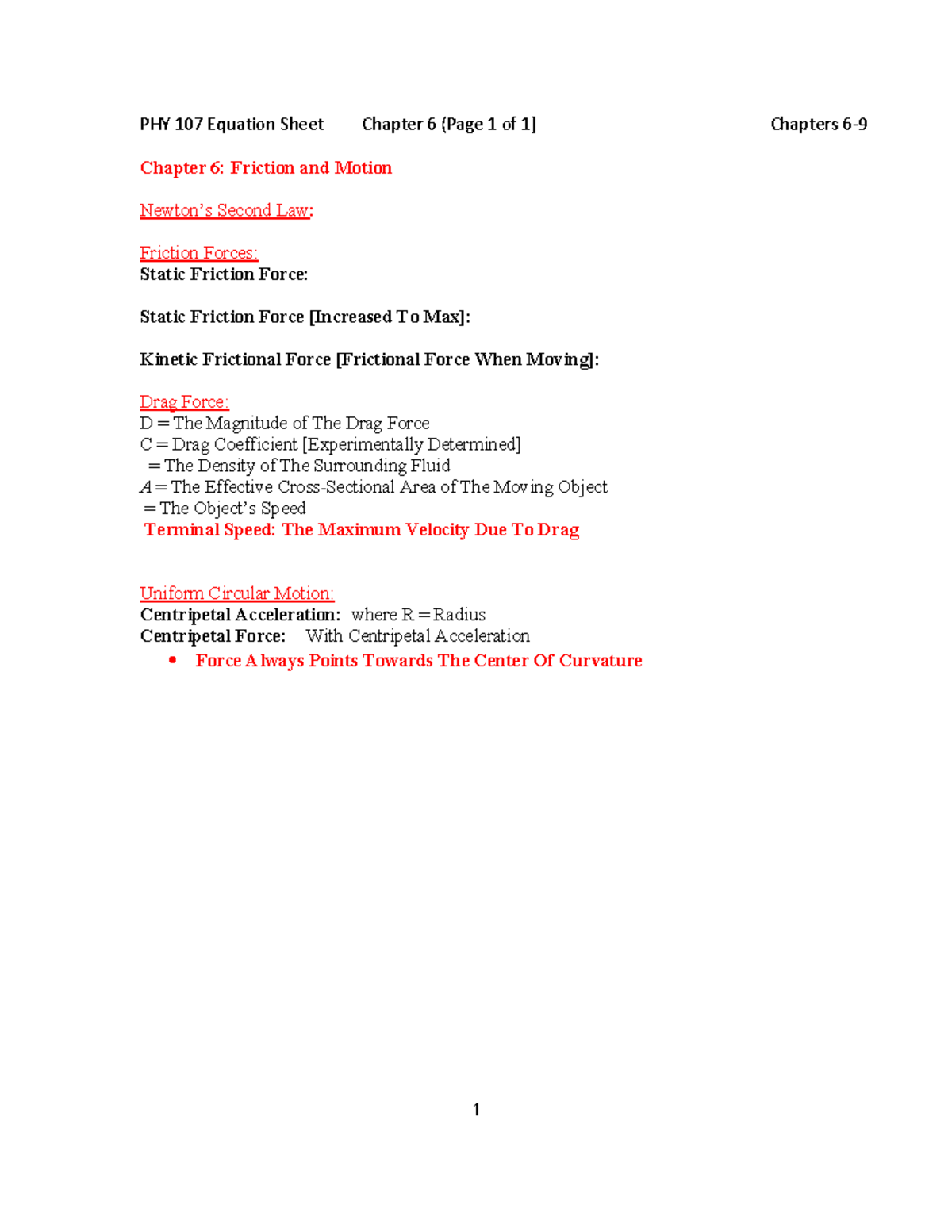 Equation sheet - Summary General Physics 1 Rec - PHY 107 Equation Sheet Chapter 6 (Page 1 of 1 ...