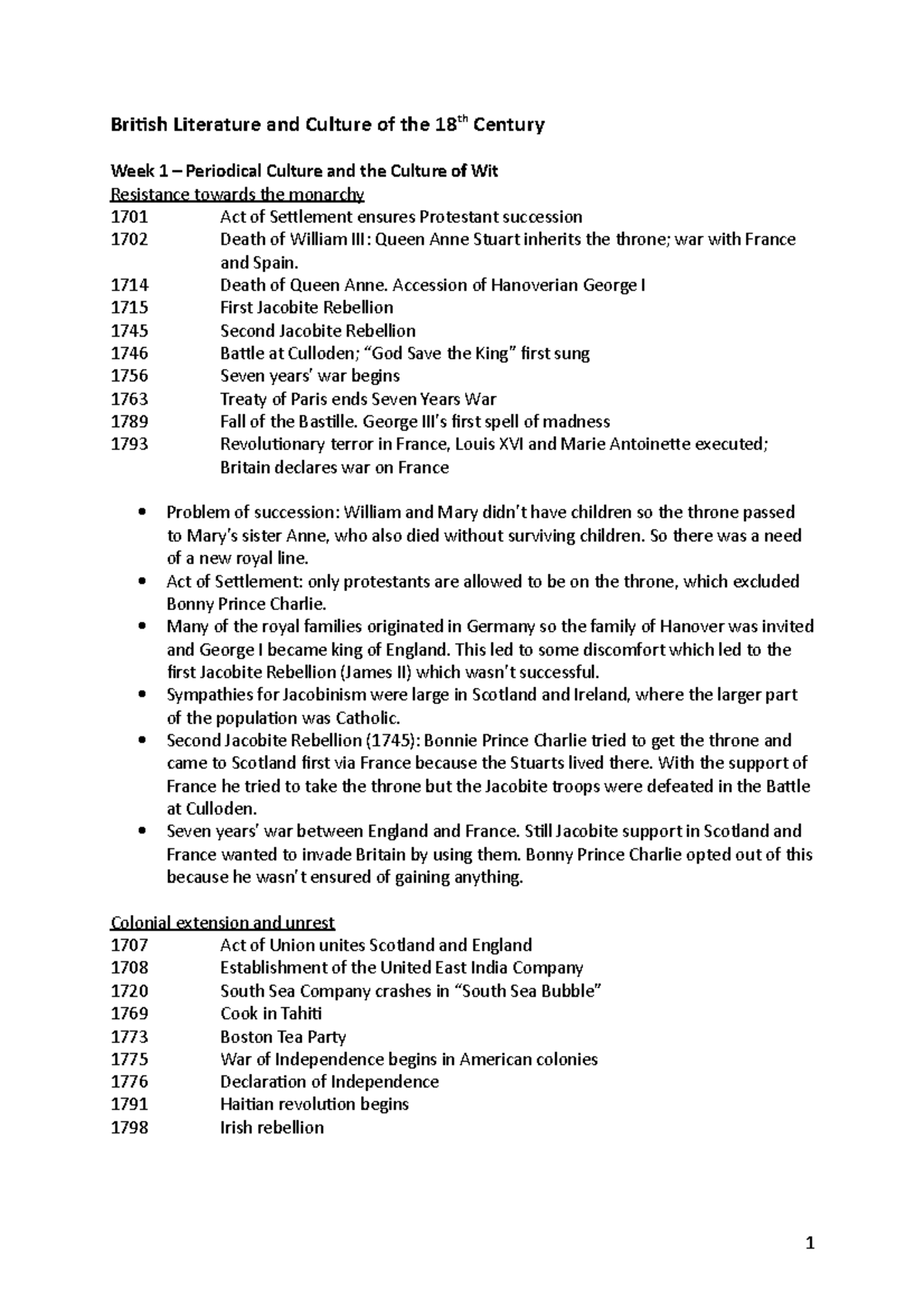Britlit 18th century samenvatting - British Literature and Culture of ...