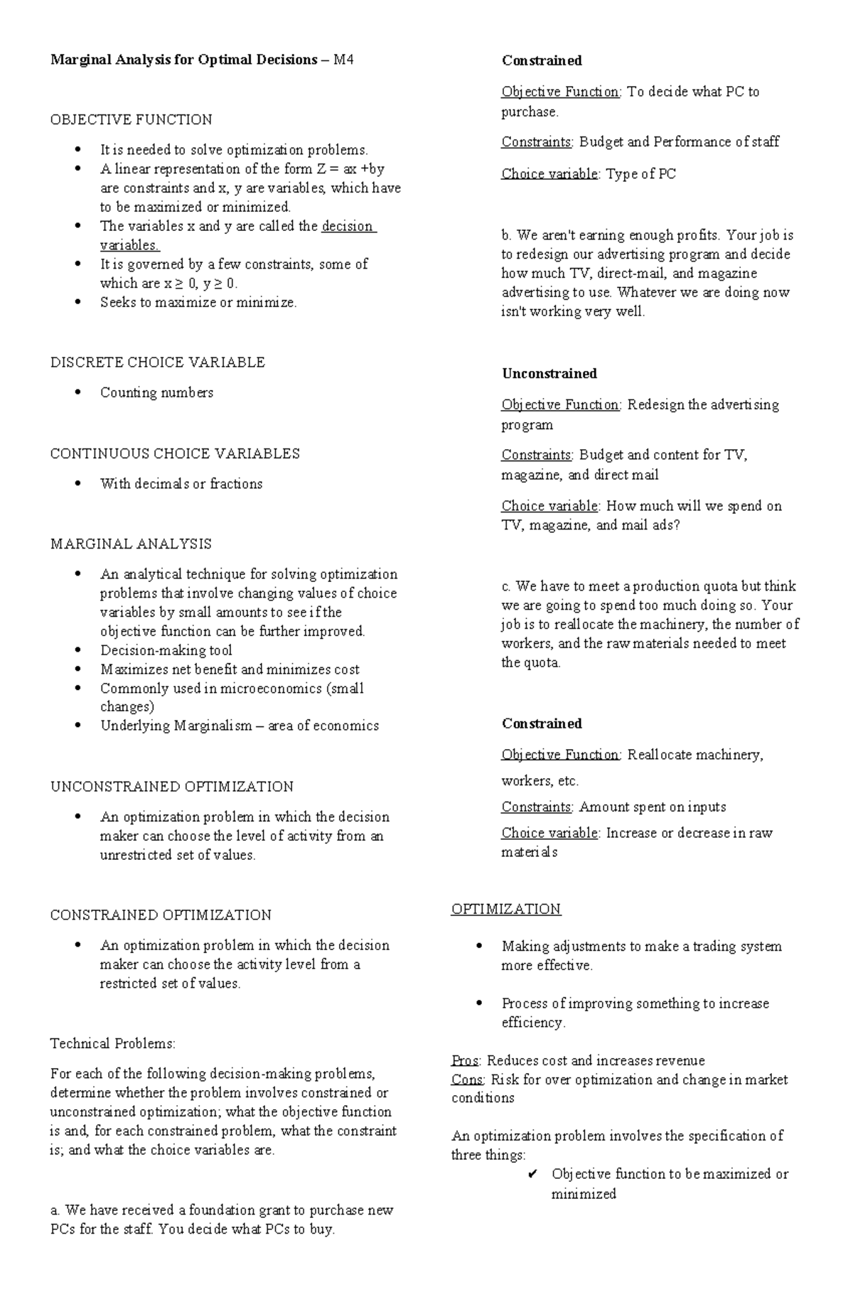 Ecoman Notes M4 - Marginal Analysis for Optimal Decisions – M OBJECTIVE ...