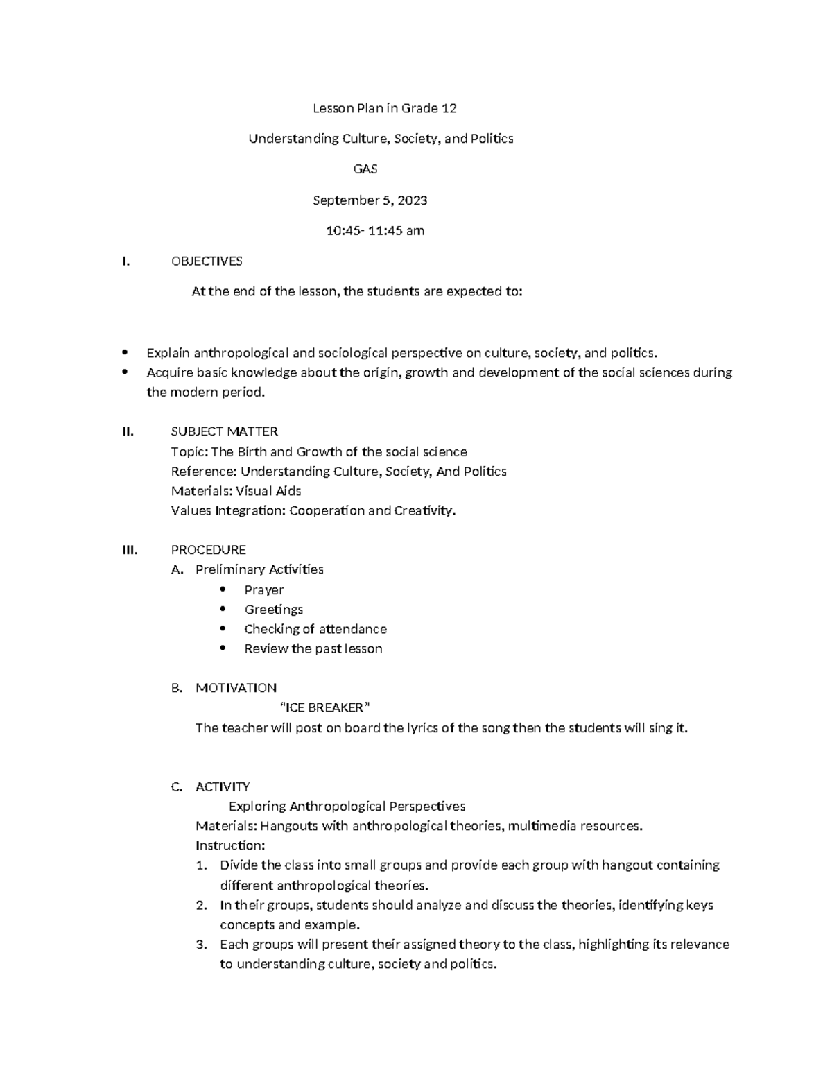 Lesson PLAN GAS Subject - Lesson Plan in Grade 12 Understanding Culture ...