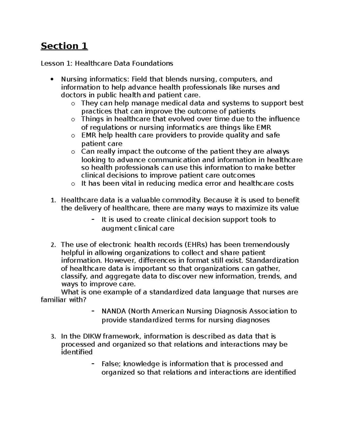 Questions - Section 1 Lesson 1: Healthcare Data Foundations Nursing ...