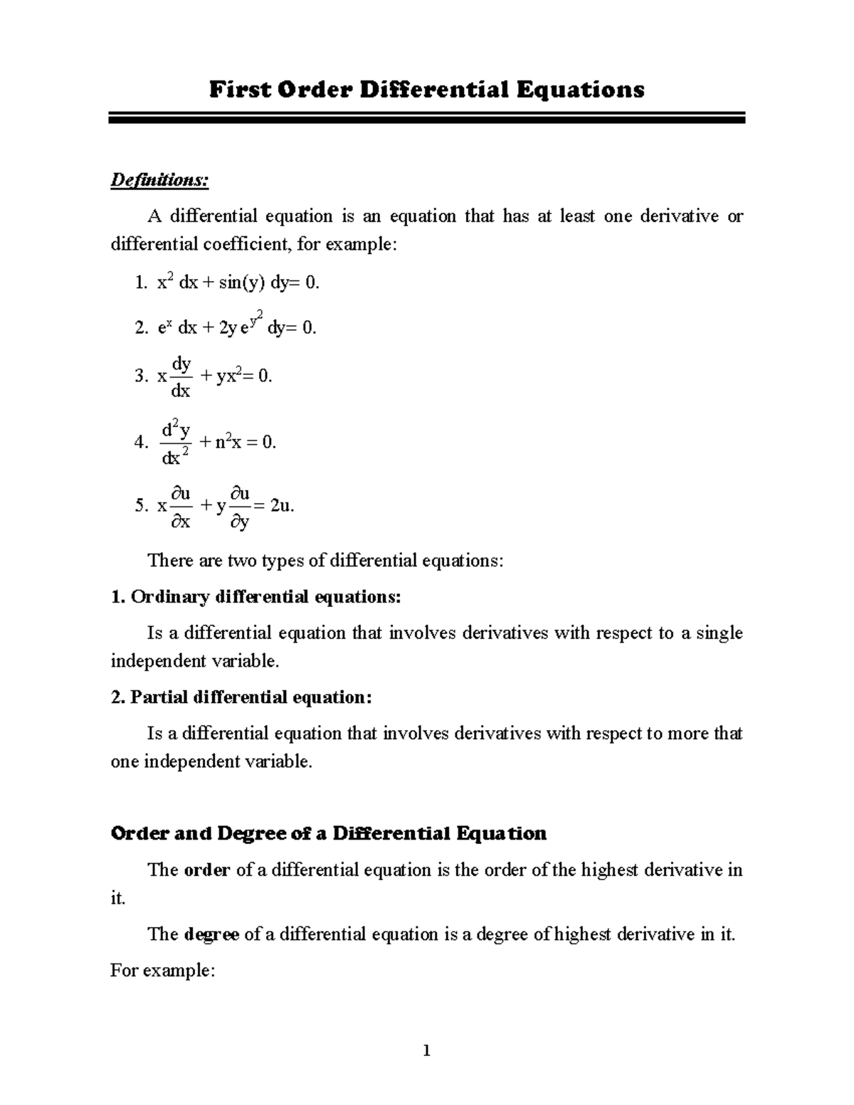 First Order Differential Equations First Order Differential Equations