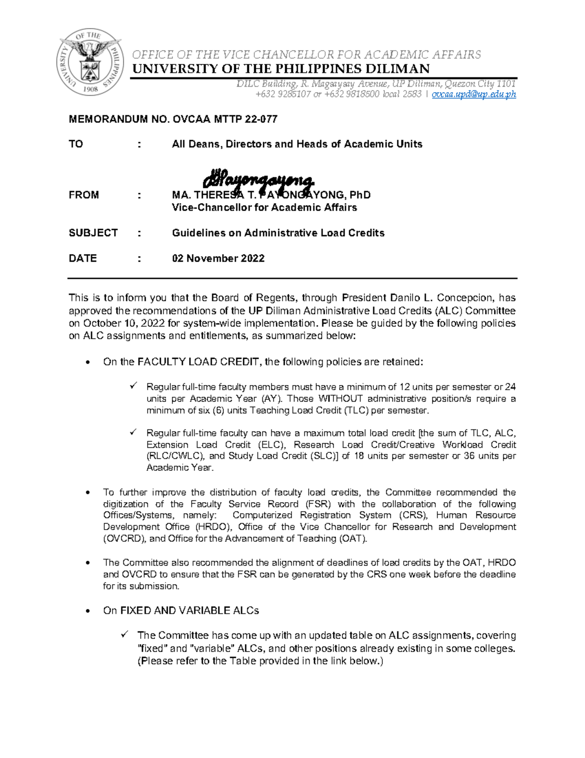 Memorandum No. Ovcaa-MTTP 22-077 Guidelines on Administrative Load ...