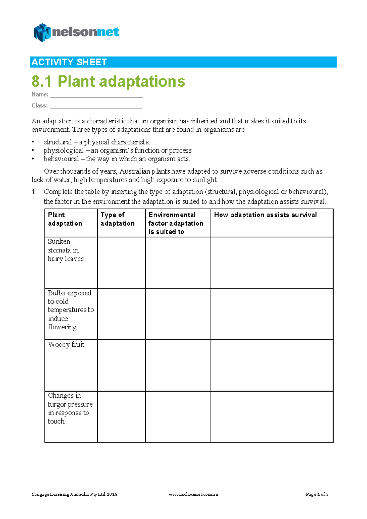 8.1 Plant adaptations - Cengage Learning Australia Pty Ltd 2018 ...