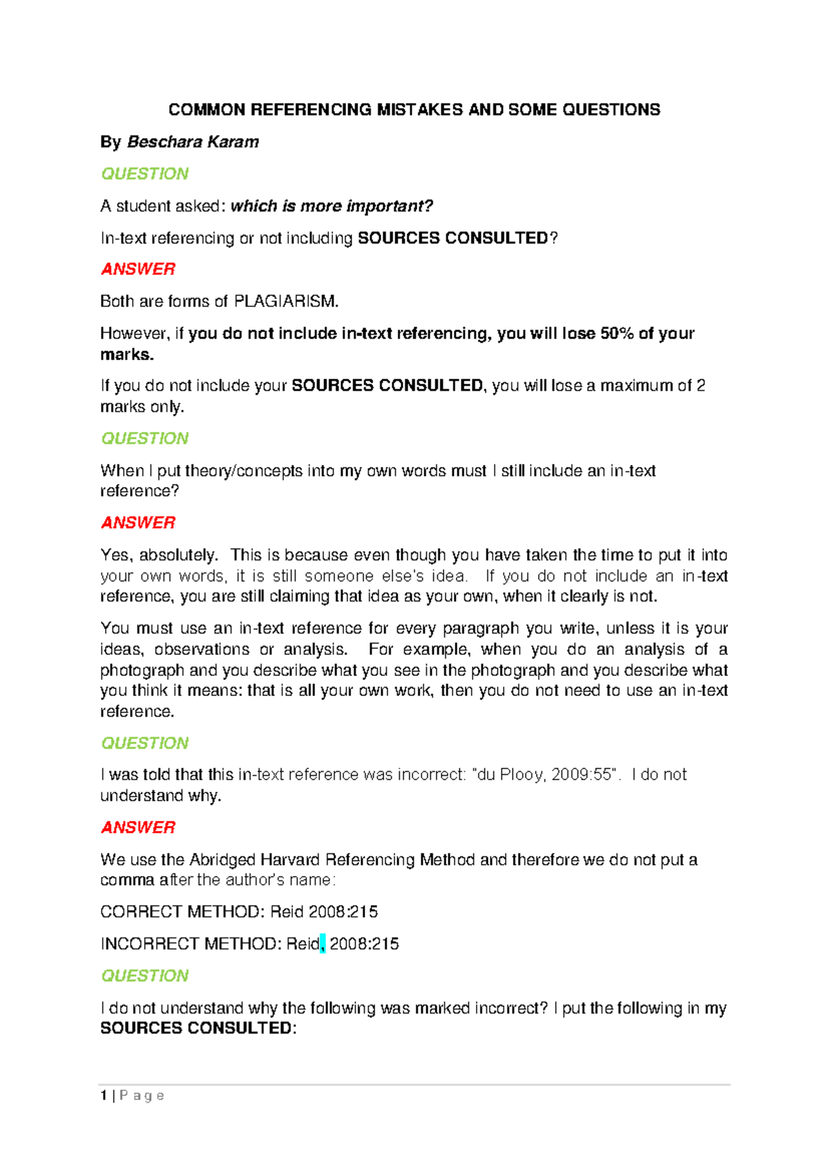 Common Referencing Mistakes - 1 | P a g e COMMON REFERENCING MISTAKES AND SOME QUESTIONS By ...