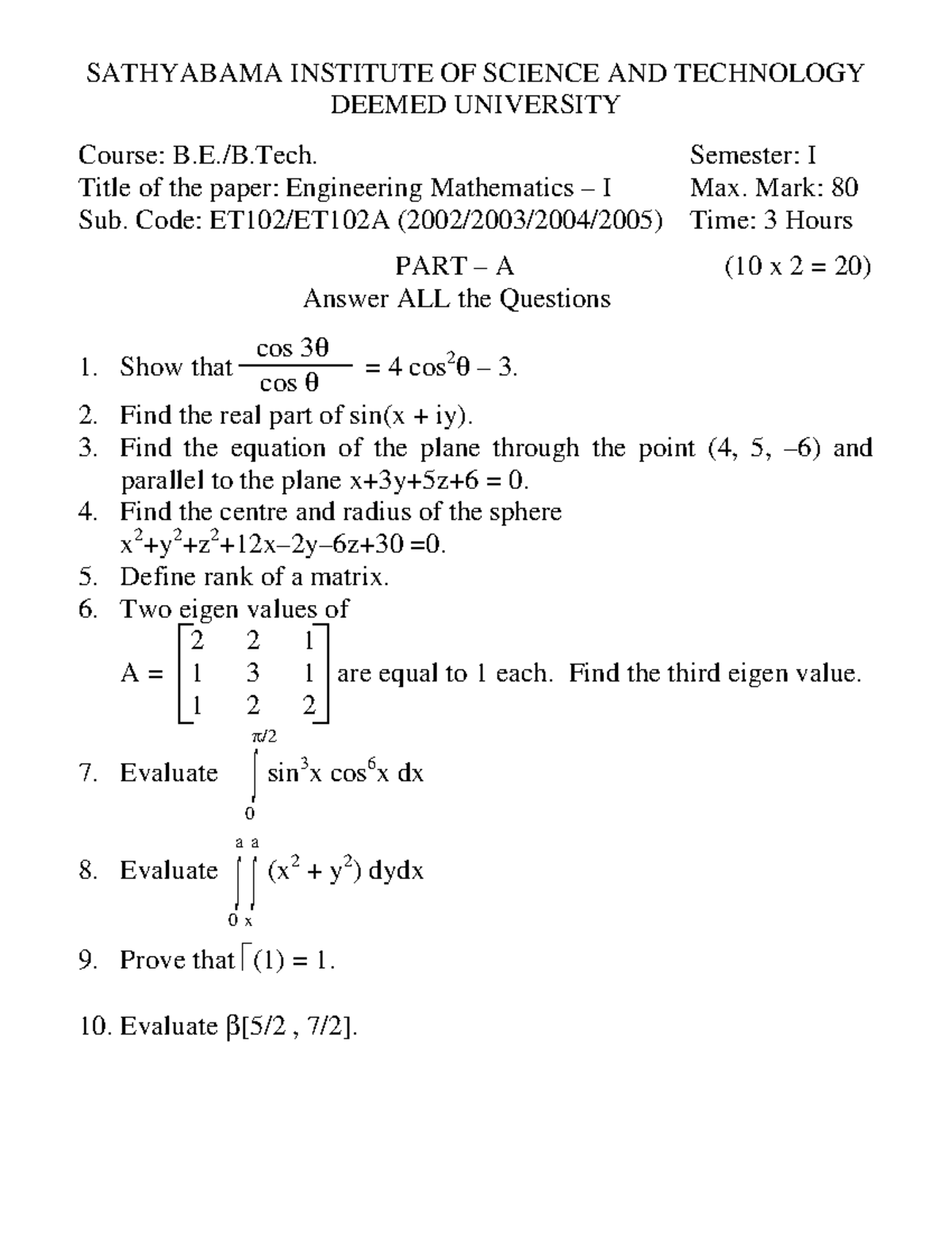 (www.entrance-exam.net)-Sathyabhama University B.EB. Tech- 1st Semester ...