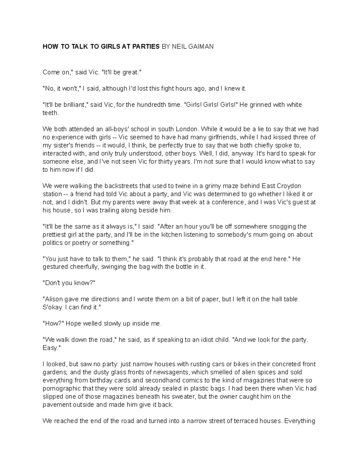 How To Talk to Girls - HOW TO TALK TO GIRLS AT PARTIES BY NEIL GAIMAN ...