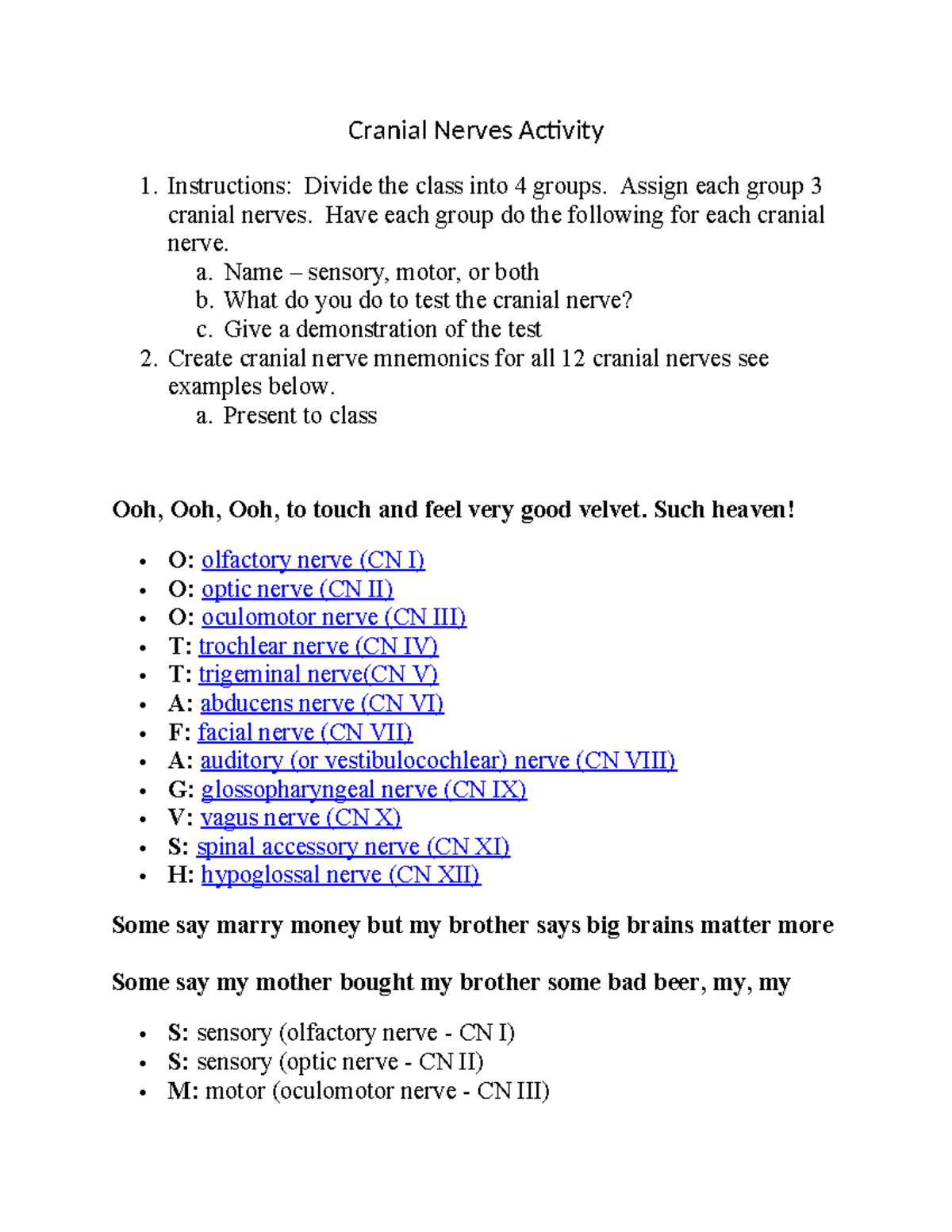 Cranial Nerves Activity - Instructions: Divide the class into 4 groups ...