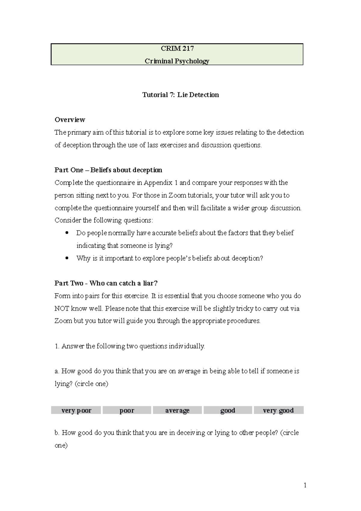 Tutorial 7 - Lie Detection - CRIM 217 Criminal Psychology Tutorial 7 ...