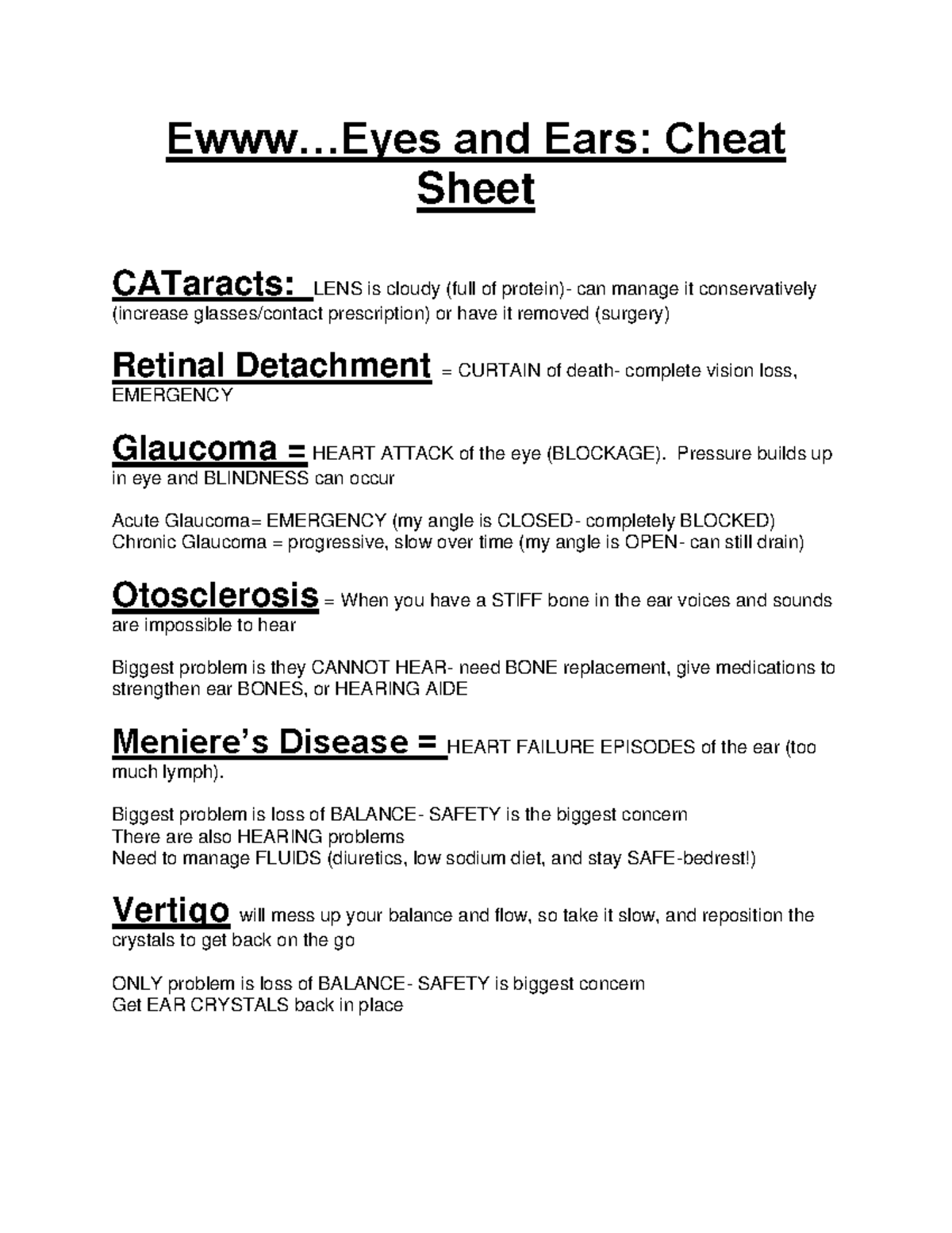 Eareyedisordercheatsheet - . and Ears: Cheat Sheet CATaracts: LENS is ...