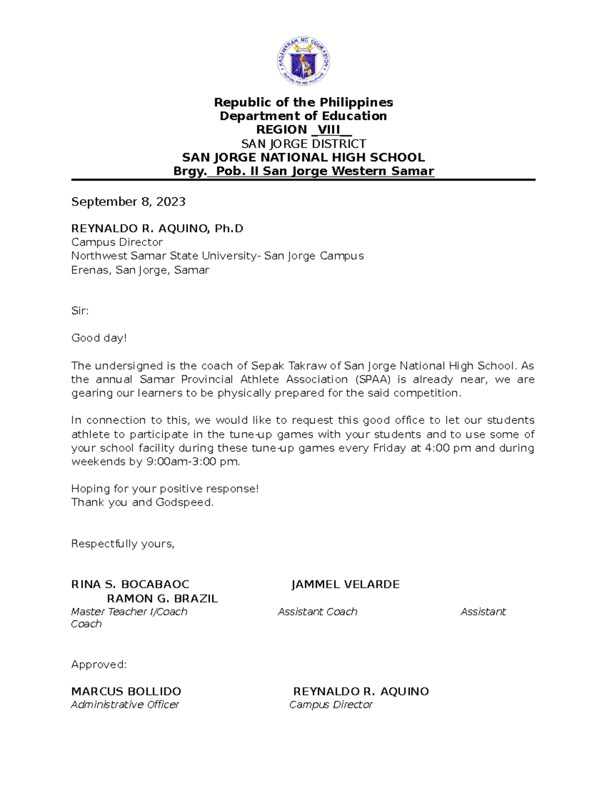 Letter-nwssu - Sports venue - Republic of the Philippines Department of ...