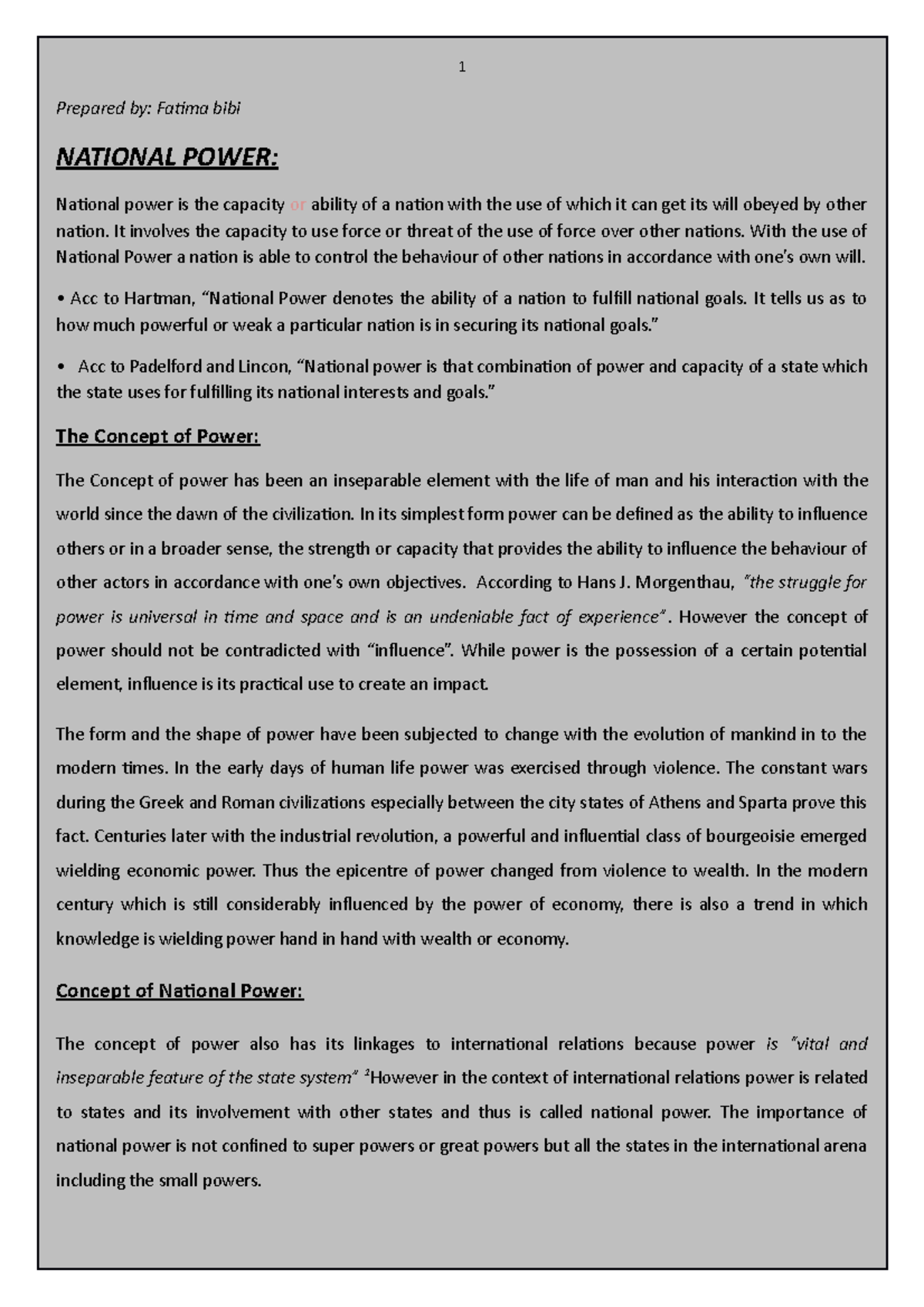 National Power - Prepared by: Fatima bibi NATIONAL POWER: National ...