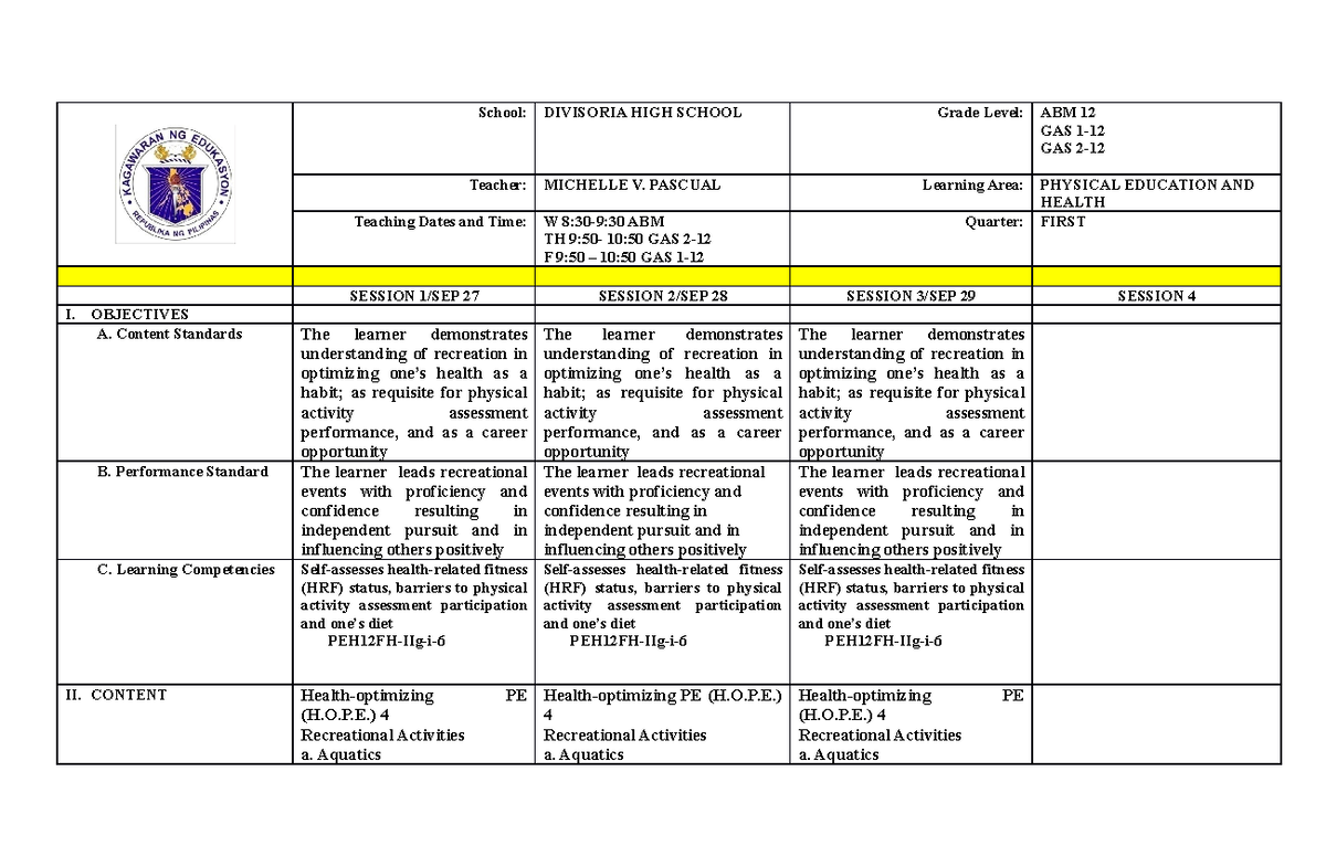 P e and Health - weekly Learning plan in Physical Education, - School ...