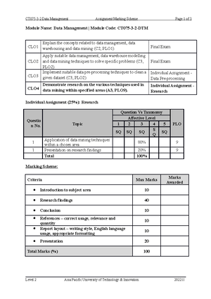 CT075-3-2-DTM - Individual Assignment Part 1- Marking Rubric - Data Pre-processing Assignment ...