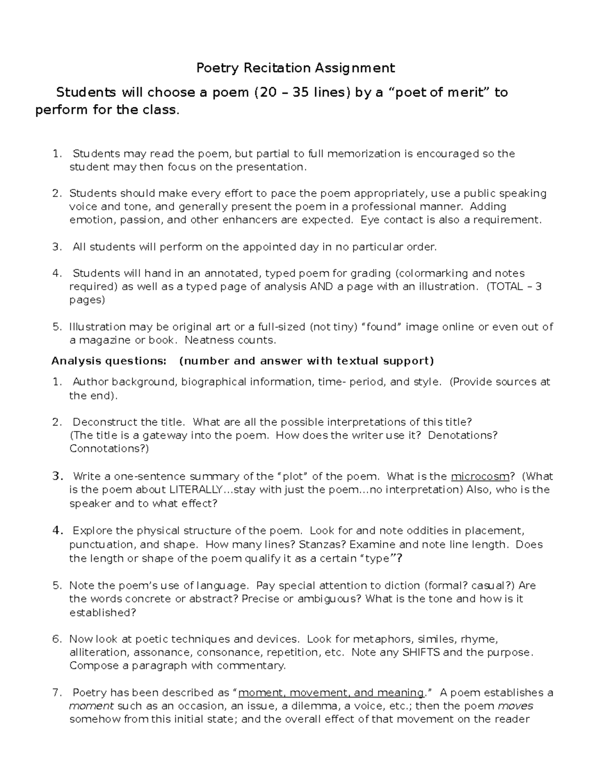 Poetry Recitation Assignment - Poetry Recitation Assignment Students ...