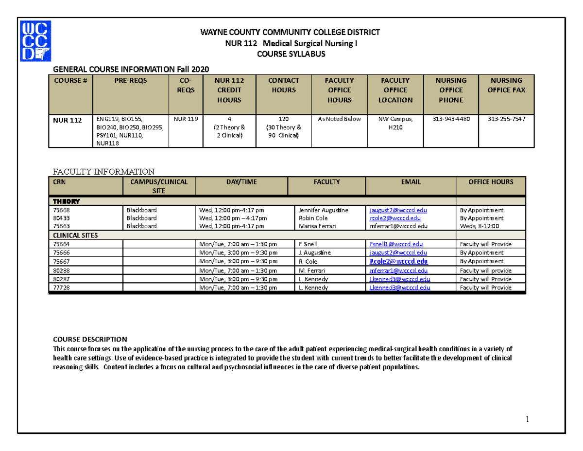NUR 112 Fall 2020 Syllabus - NUR 112 Medical Surgical Nursing I COURSE ...