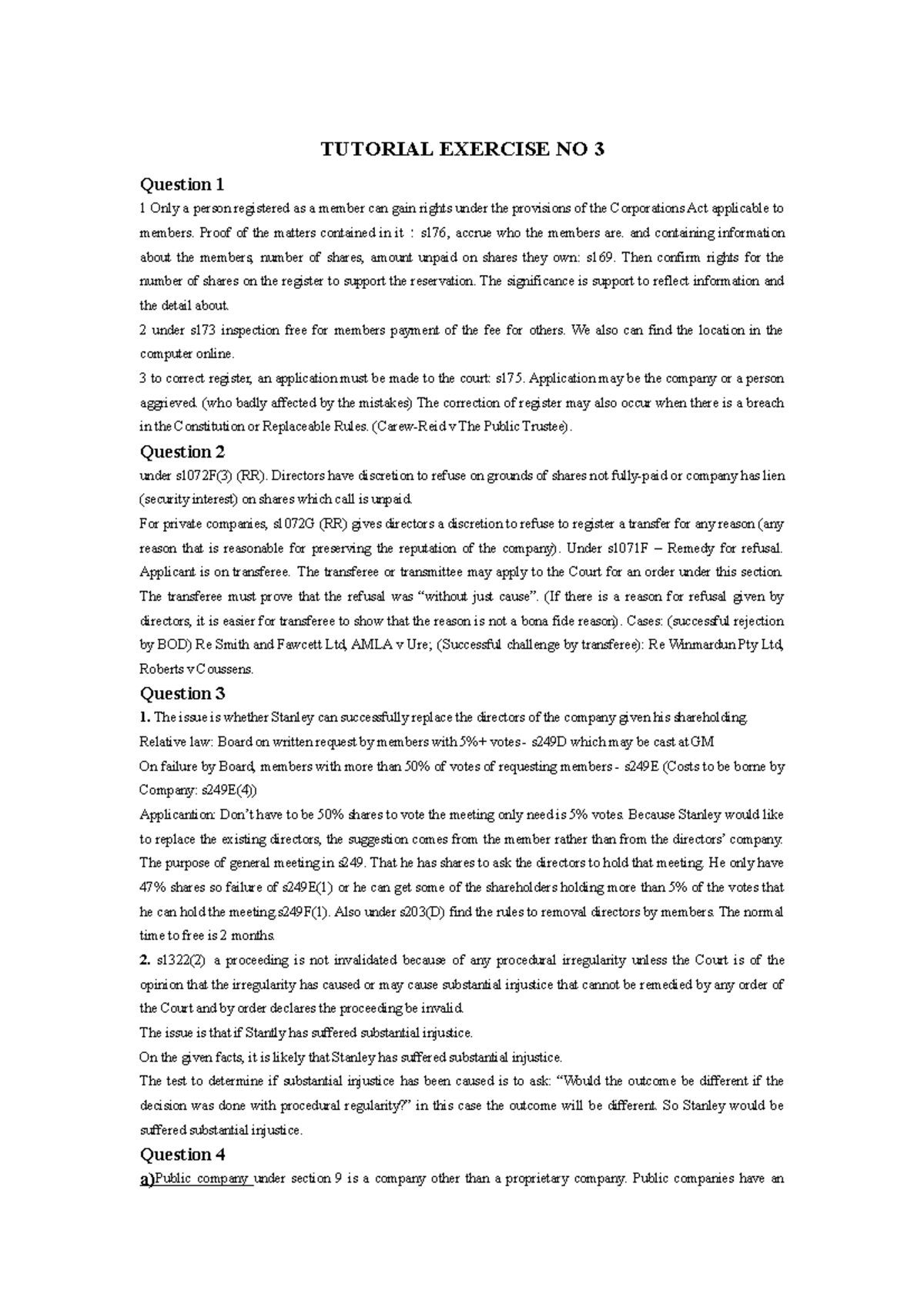 Company Law Tutorial Exercise - TUTORIAL EXERCISE NO 3 Question 1 1 ... Company Law Tutorial Exercise - TUTORIAL EXERCISE NO 3 Question 1 1 ...