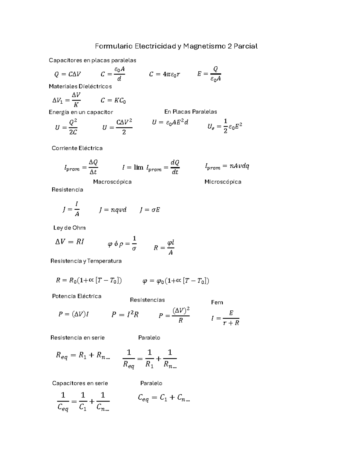 Formulario Electricidad y Magnetismo 2 Parcial-1 - Formulario Electricidad y Magnetismo 2 ...