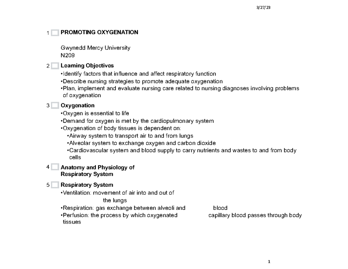 Promoting Oxygenation - 3/27/ 1 PROMOTING OXYGENATION Gwynedd Mercy ...