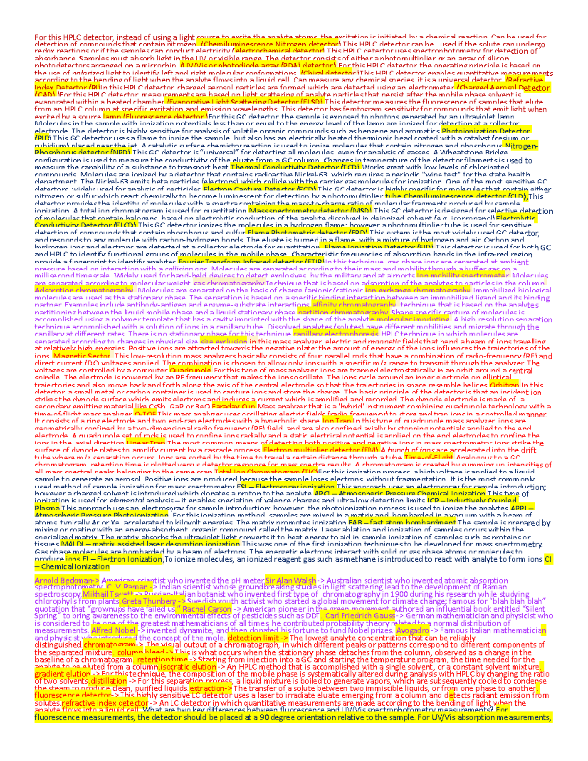 Ana chem cheat sheet - For this HPLC detector, instead of using a light ...
