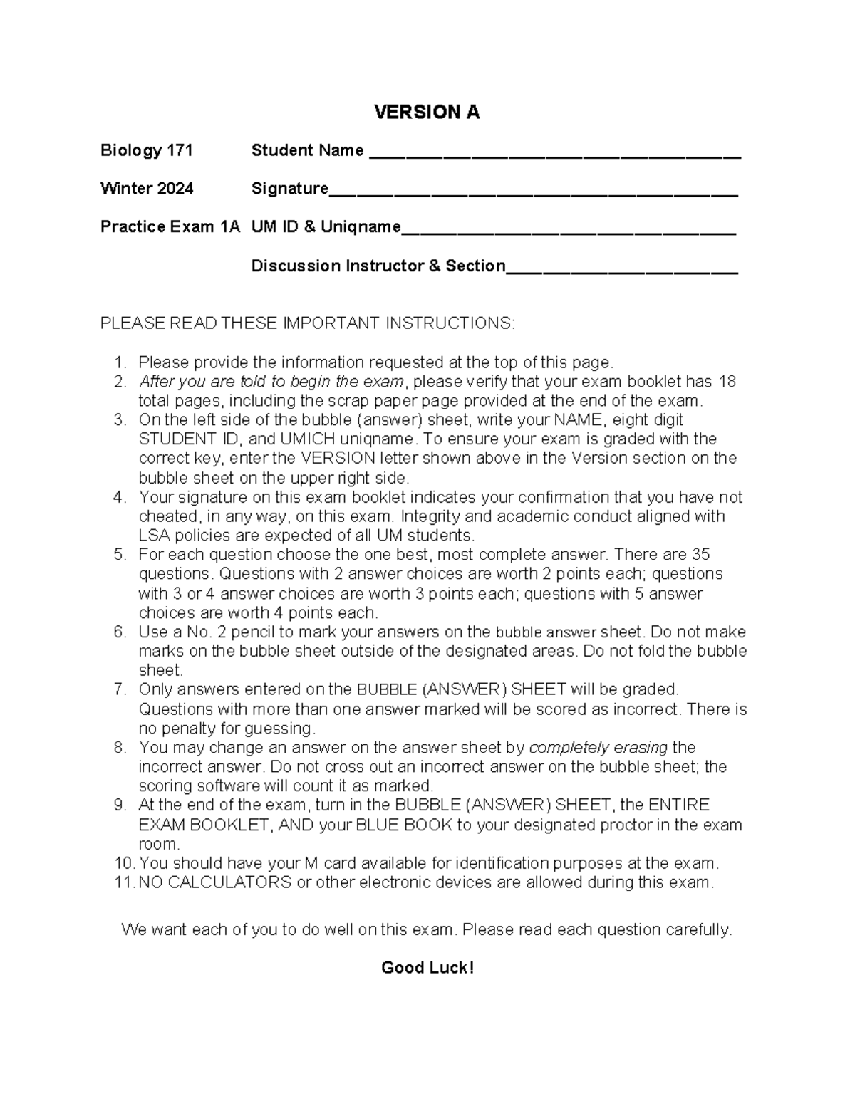 W24 Practice Exam 1A WITH Answers - VERSION A Biology 171 Student Name ...