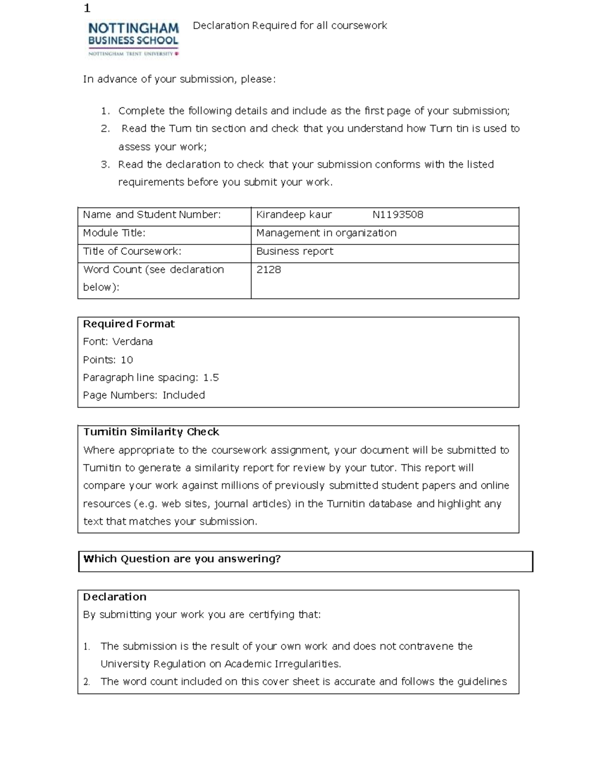 Business report - Declaration Required for all coursework In advance of ...