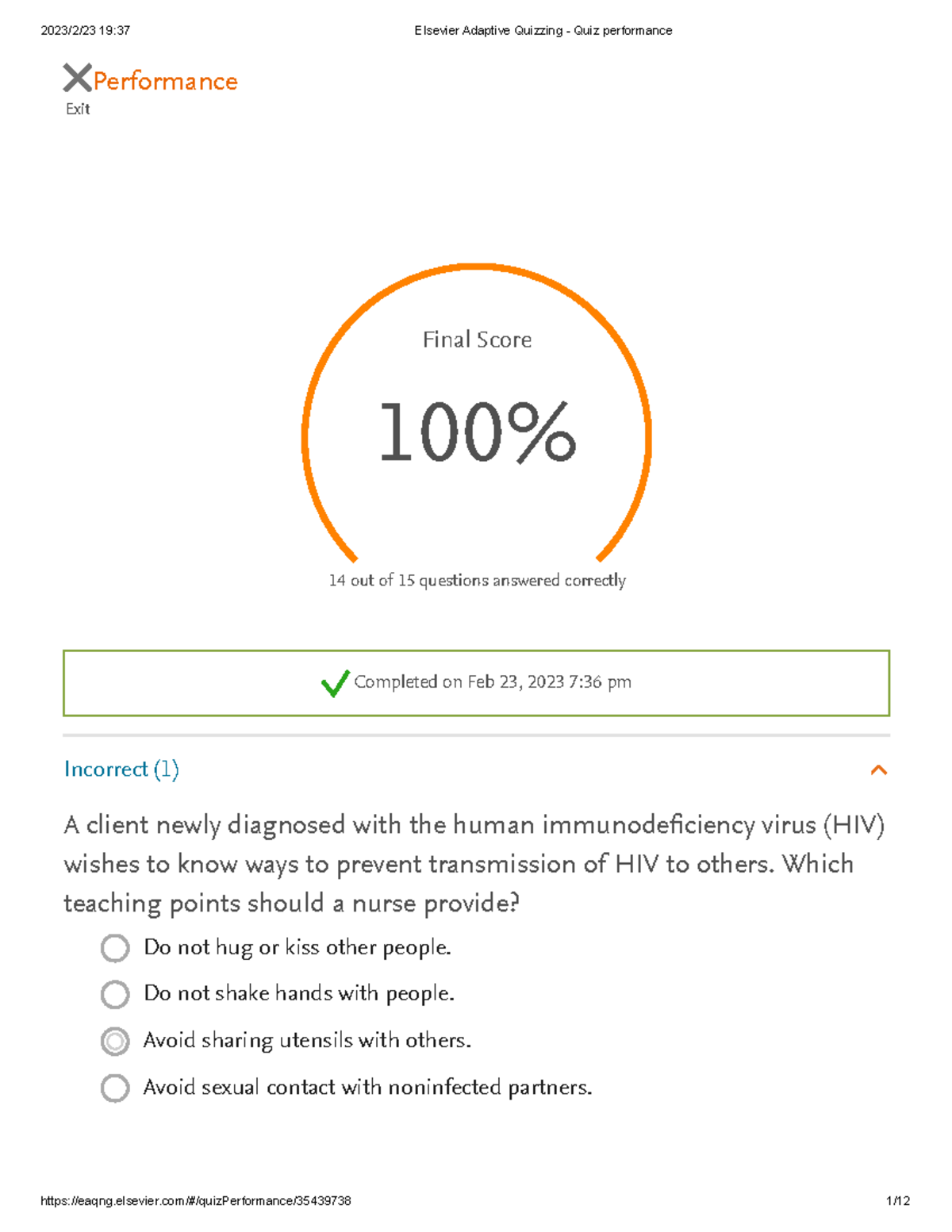 Elsevier Adaptive Quizzing - Quiz performance - Exit Performance Final ...