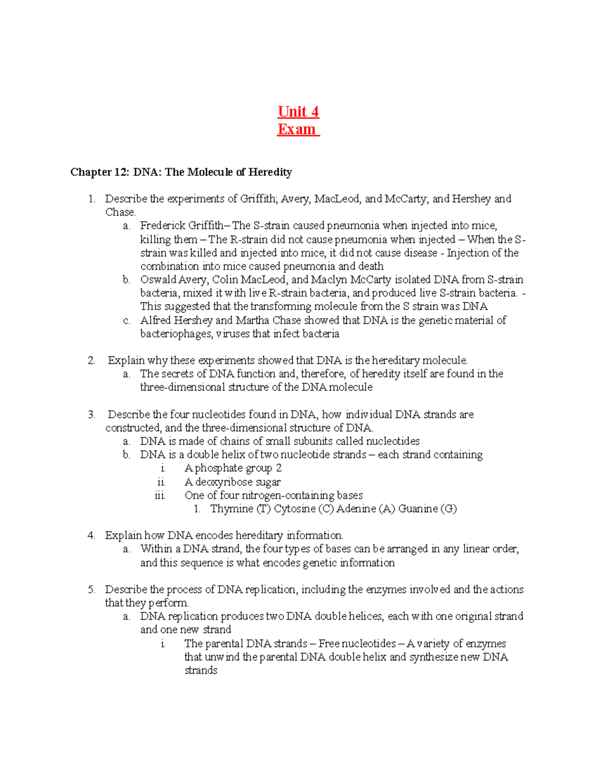 Exam 4 - Chapters 9-13 - Unit 4 Exam Chapter 12: DNA: The Molecule of ...