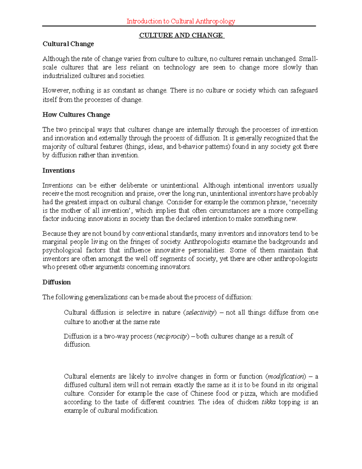 Ch06 Culture and change - Introduction to Cultural Anthropology CULTURE ...