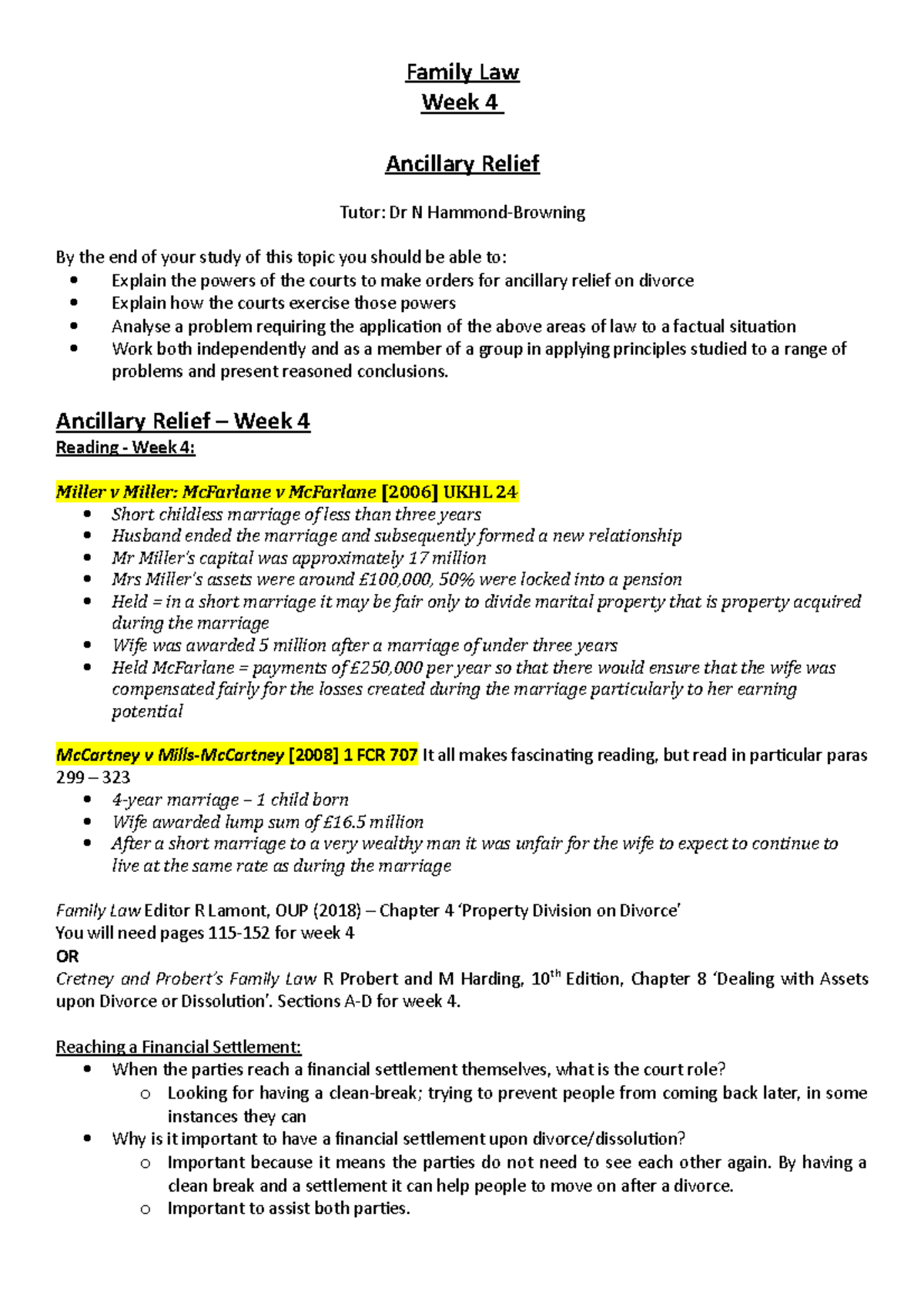 Week 4 Ancillary Relief - Family Law Week 4 Ancillary Relief Tutor: Dr ...