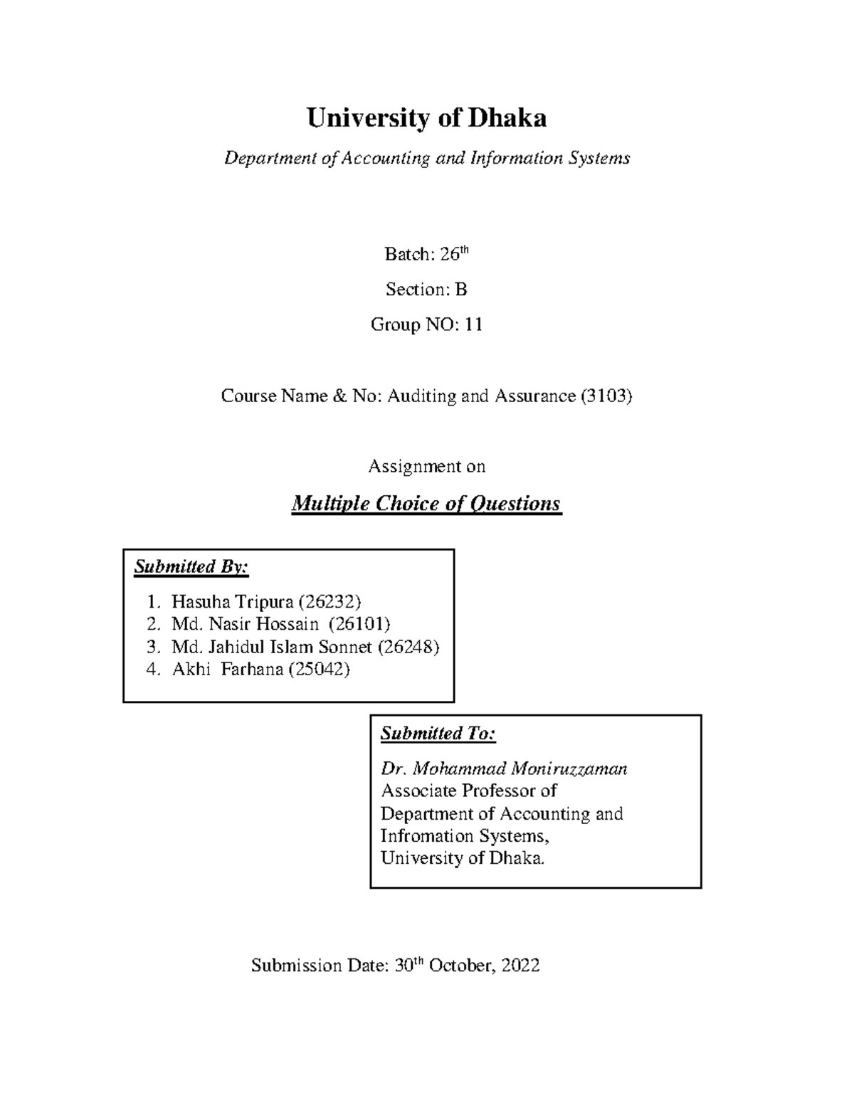 Group 11 Sec B Multiple Choice of Questions - University of Dhaka Department of Accounting and ...