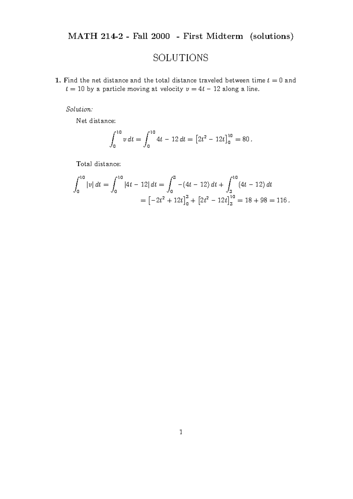 Math214 2 00f mid1 - MATH 214-2 - Fall 2000 - First Midterm (solutions) SOLUTIONS Find the net ...