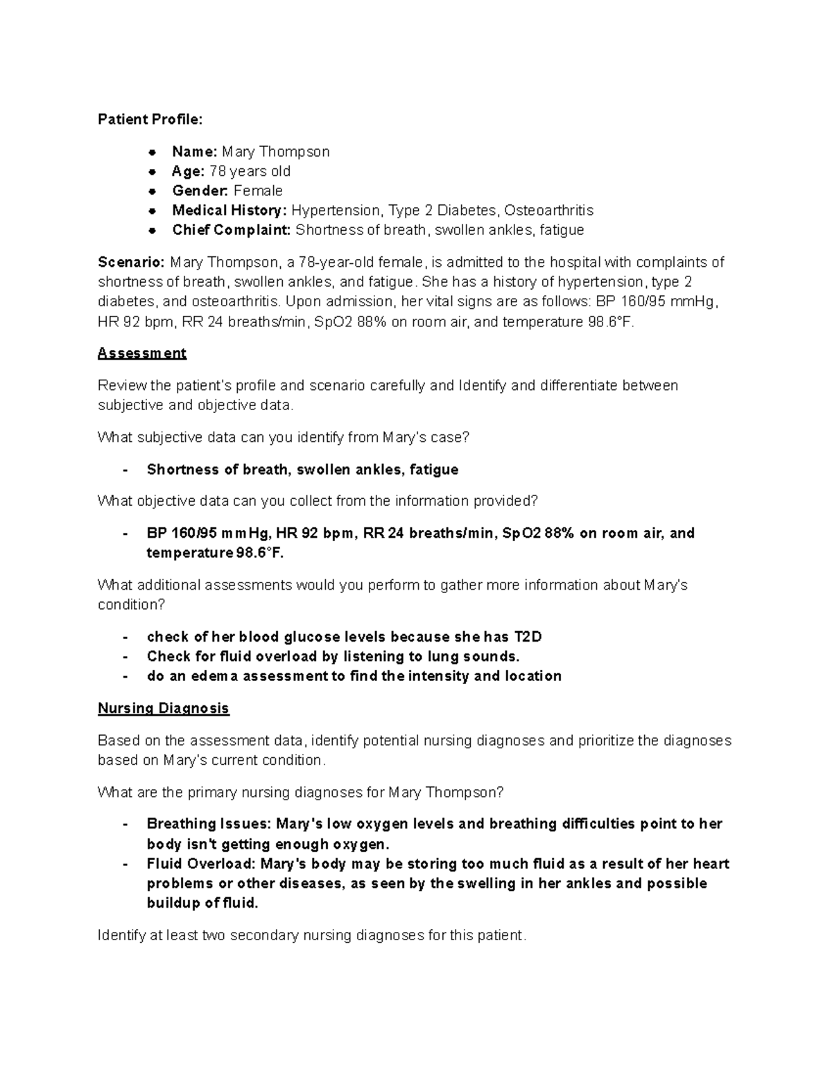 Nursing Process Case Study - Patient Profile: Name: Mary Thompson Age ...