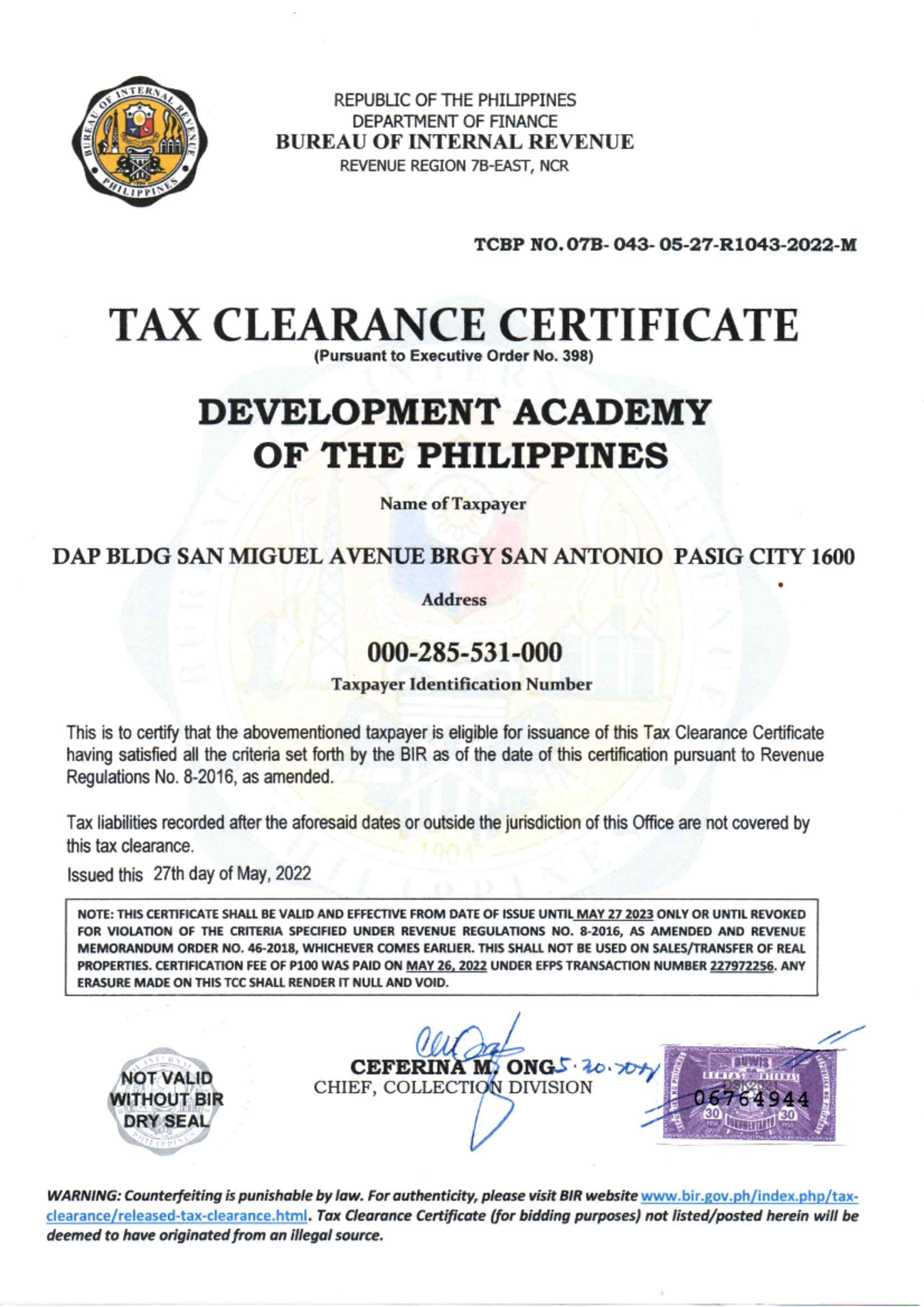 DAP TAX Clearance Certificate 2021 - OF INTERNAL REPUBLIC OF THE PHILIPPINES LIMITED DEPARTMENT ...